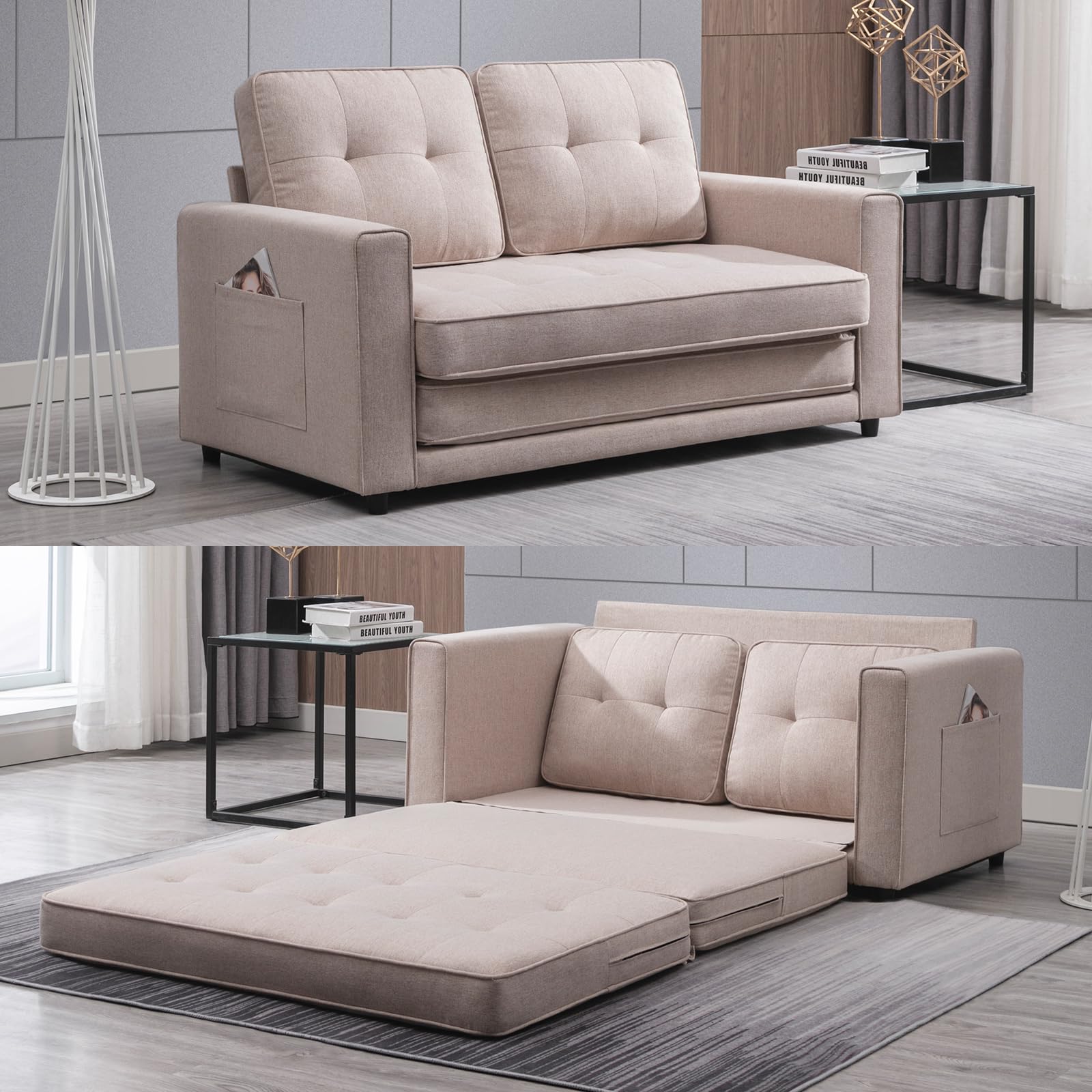 PUREMIND Loveseat Sleeper Sofa Bed, Linen 2-in-1 Pull Out Couch Bed, Upholstery Futon Sofa Bed with Cushion, Convertible Floor Couch with Side Pockets for Living Room, Apartment, Office