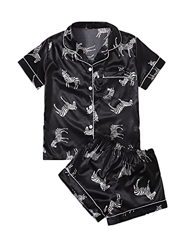 WDIRARA Women's Sleepwear Zebra Print Shirt and Shorts Cute Pajama Set Animal Black XL