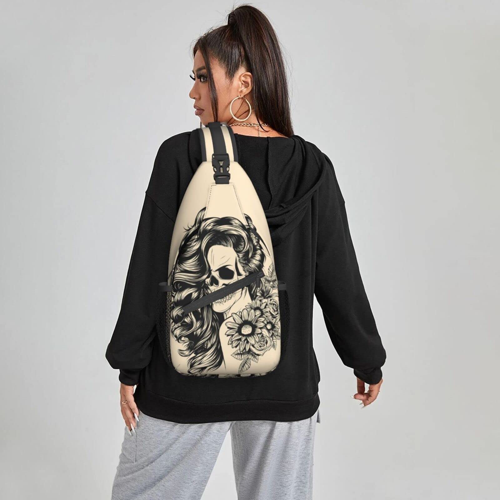FeHuew Women Girl Skeleton Makeup Rose Skull Crossbody Sling Backpack for Men Chest Bag Shoulder Bag Lightweight One Strap Backpack Travel Outdoor Daypack