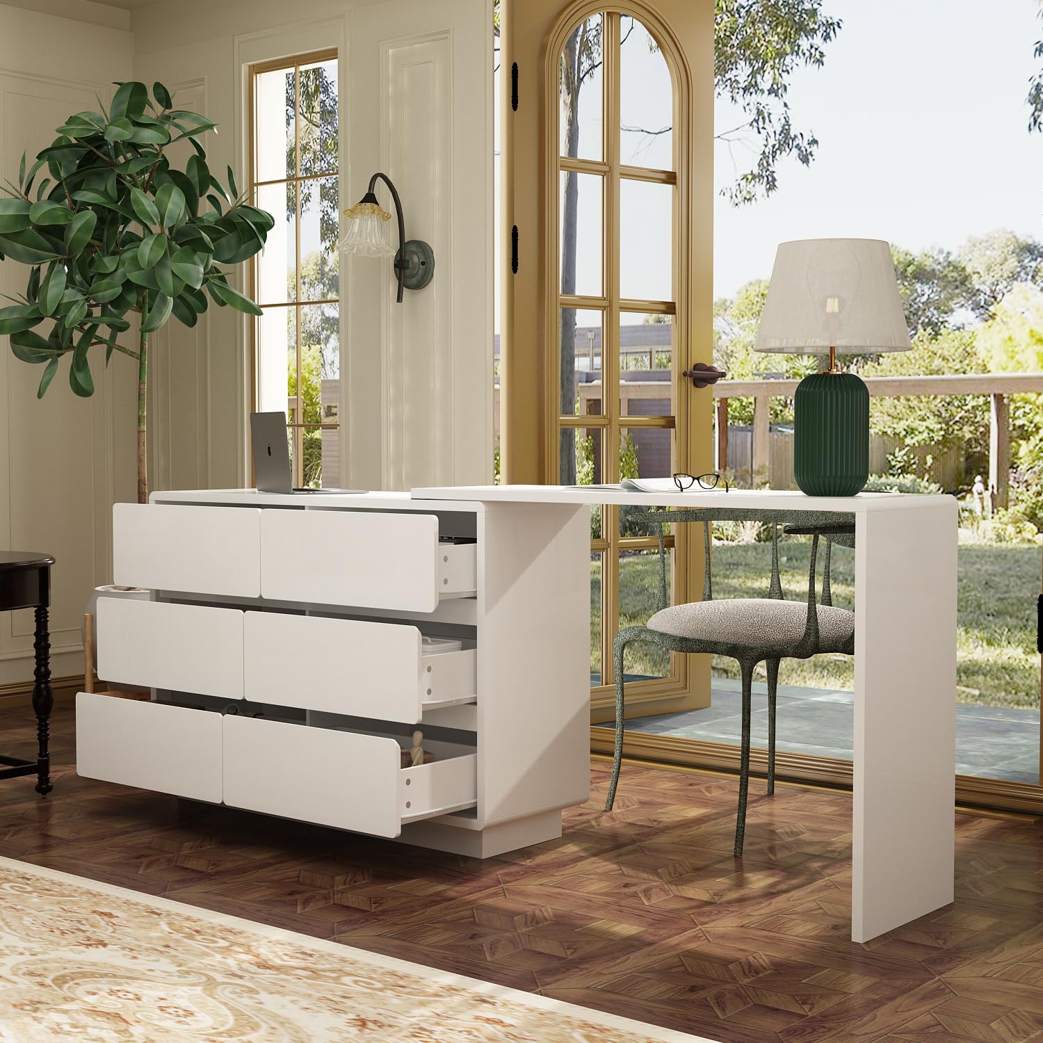 ECACAD 2 in 1 Vanity Desk, 47.2" L Vanity Table with L-Shaped Desk & Double Dresser, Versatile Makeup Vanity Dressing Table Computer Desk with Round Corners for Bedroom, Home Office, White