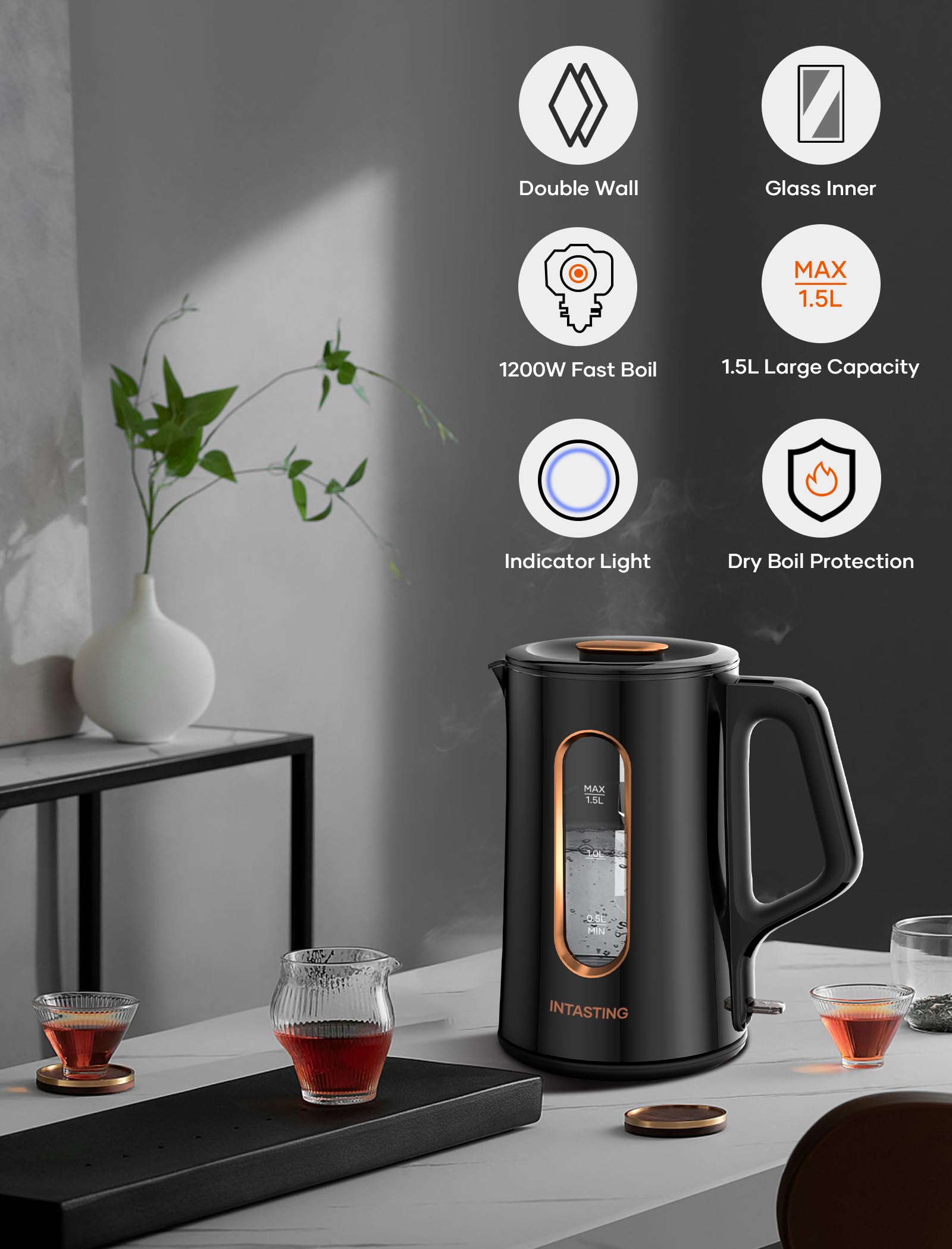 INTASTING Electric Kettle, Double Wall Glass Inner, Hot Water Boiler Heater Pot, 1.5-Liter, 1200 Watts for Fast Boiling, 53oz BPA Free, Glossy Black