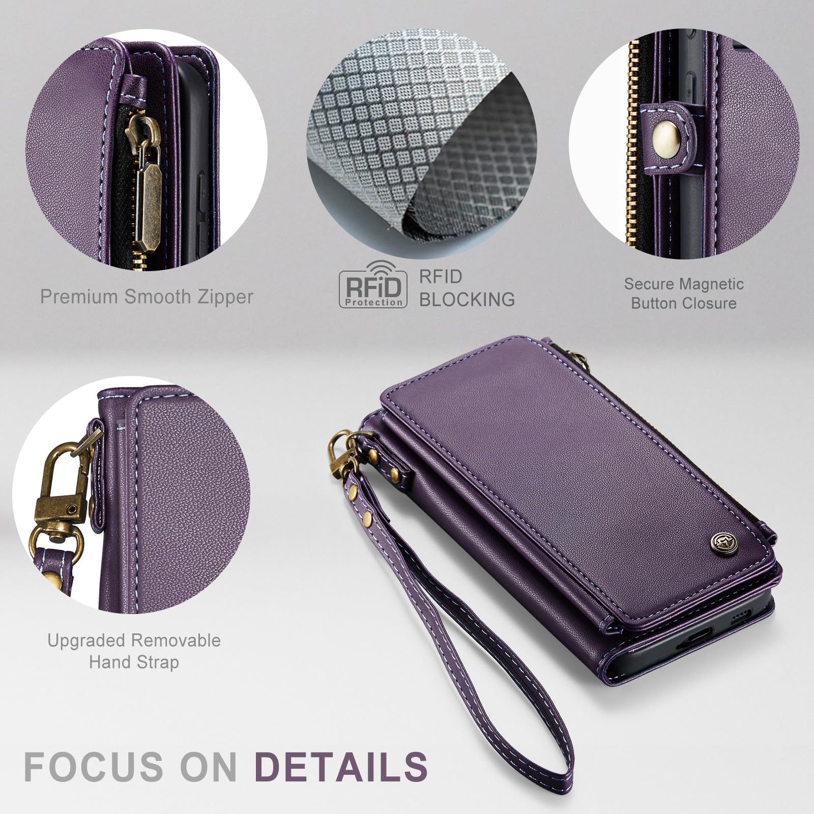 Defencase for Samsung Galaxy S21 Case, RFID Blocking for Galaxy S21 Case Wallet for Women Men with Card Holder, PU Leather Wrist Strap Zipper Pocket Magnetic Flip Phone Case for Samsung S21 5G, Purple
