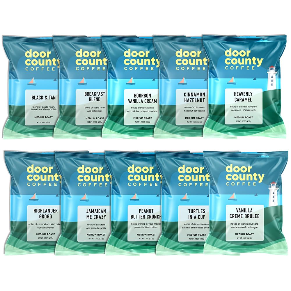 Gourmet Flavored Coffee Sampler Pack - 10 Bags of Unique Flavored Coffees - Roasted by Door County Coffee