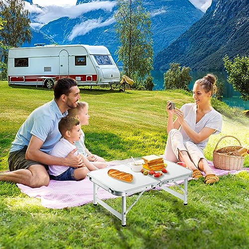 Moosinily 2 Feet Outdoor Folding Table Aluminum Lightweight Small Picnic Table Ajustable Height Portable Table with Carry Handle for Beach, Picnic, Indoor, White