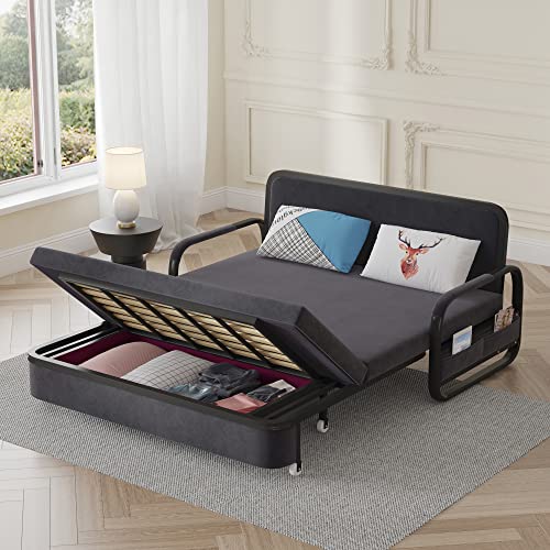 PIAQIA Convertible Pull Out Sofa Bed Sleeper with Storage, Linen Upholstered Folding Futon Couch with 1β Natural Latex Mattress, Suitable for Compact Space, Guest Room, Workshop, Dark Gray, 59" Width
