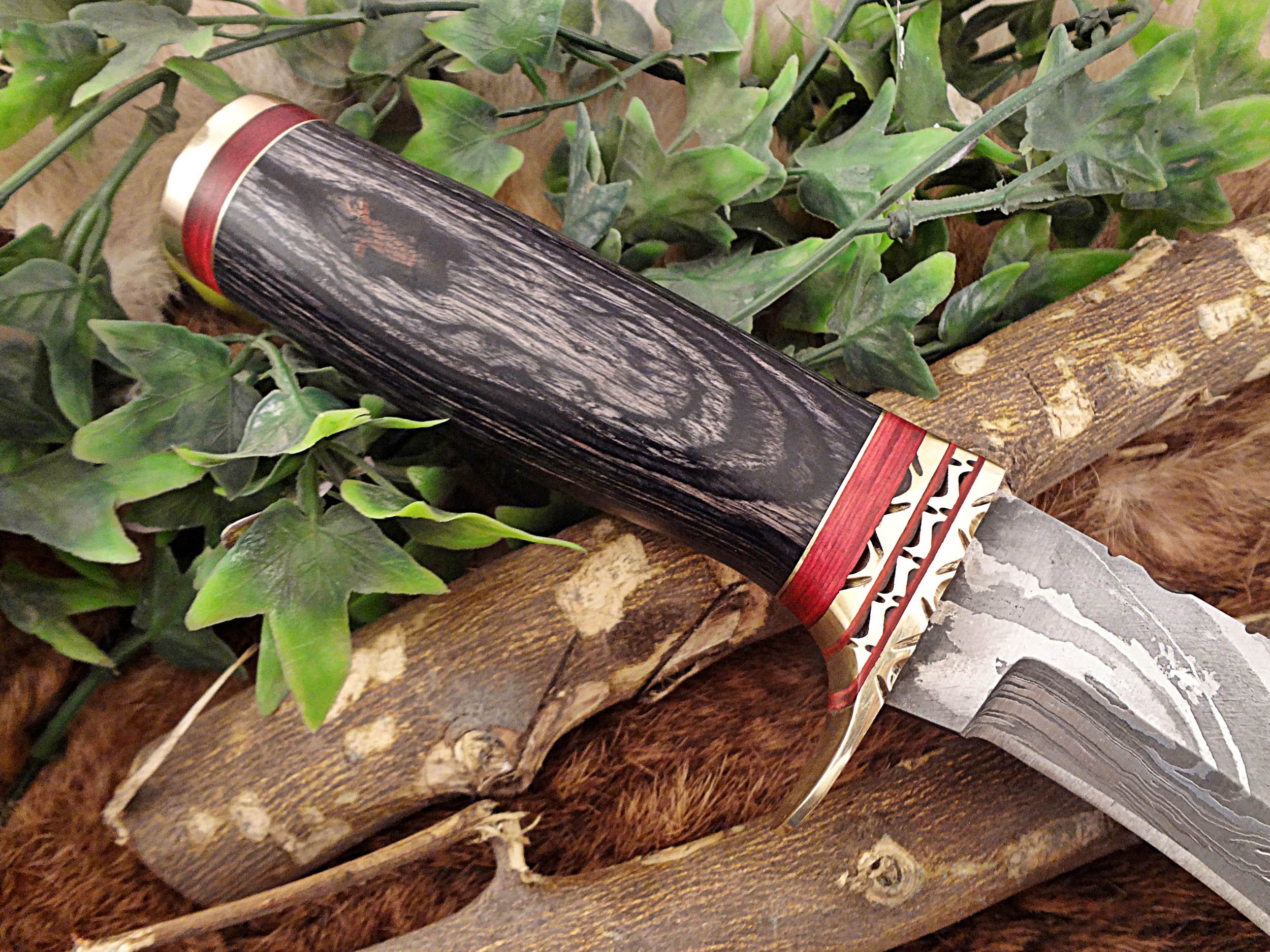 Damascus Steel Hunting Bowie Knife 14.5 Inches Custom Made Hand Forged with 10" Blade, 2 Tone Green Wood with Engraved Brass Scale, Thick Cow Hide Leather Sheath with Belt Loop (Black)