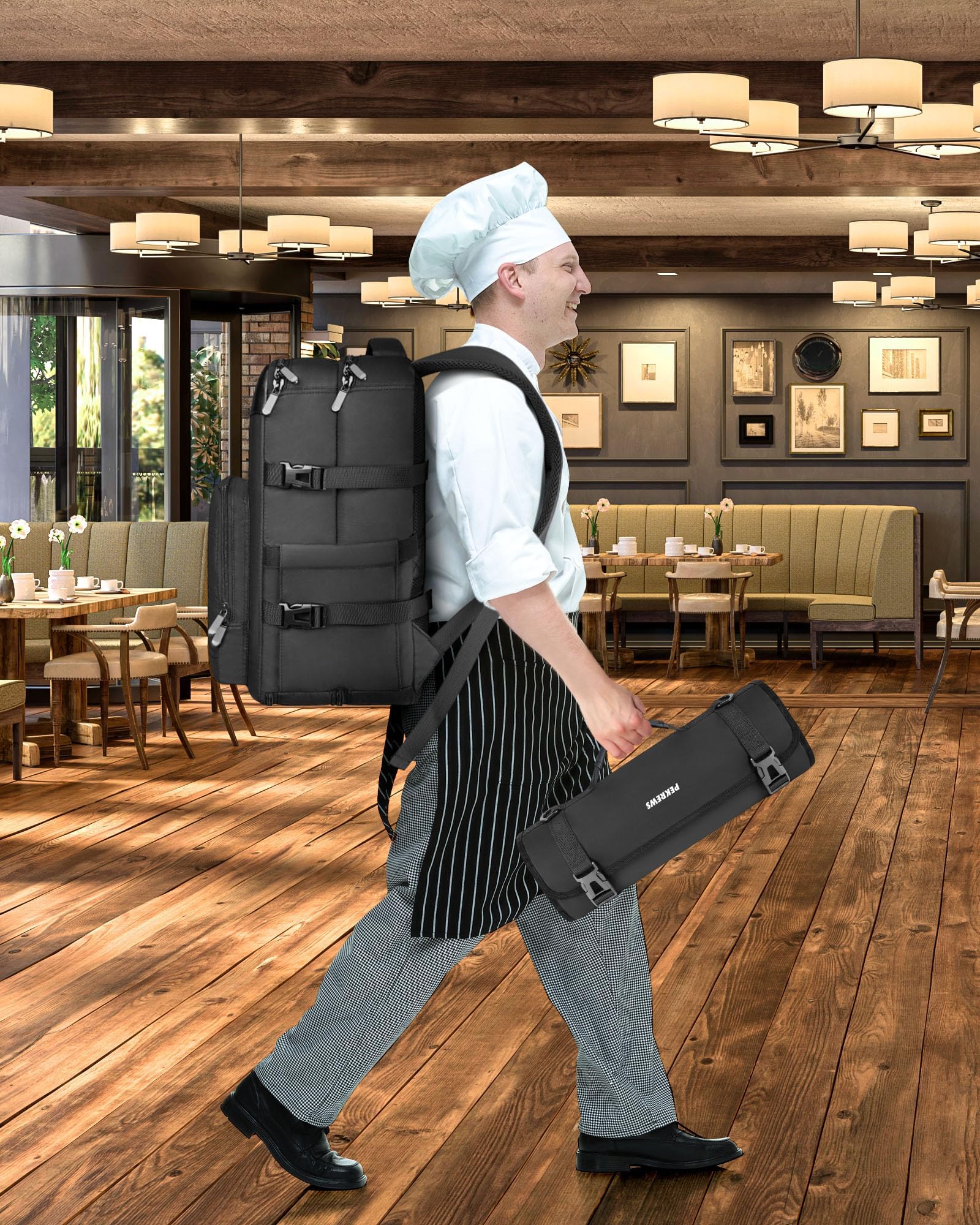 PEKREWS Chef Backpack with Knife Roll Bag, 40+ Slots Pockets for Knives Laptop and Kitchen Utensils Storage, Water-resistant Professional Chef Knife Case Gifts for Men and Women, Black