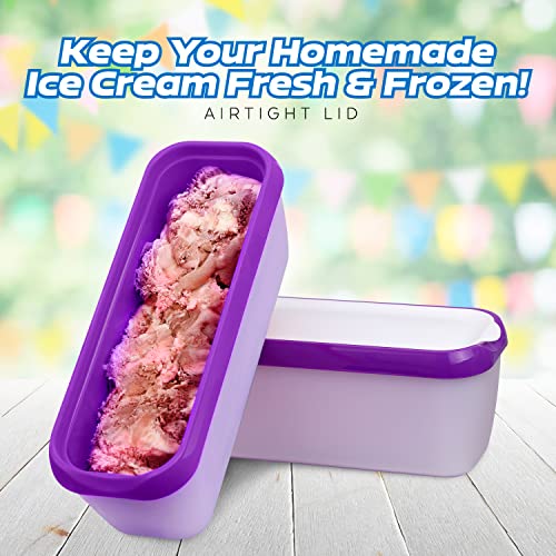 Laxinis World Ice Cream Containers – Pack of 2 Ice Cream Plastic Containers with lids, 1.5 Quarts, Reusable, with Non-slip Base (Purple)