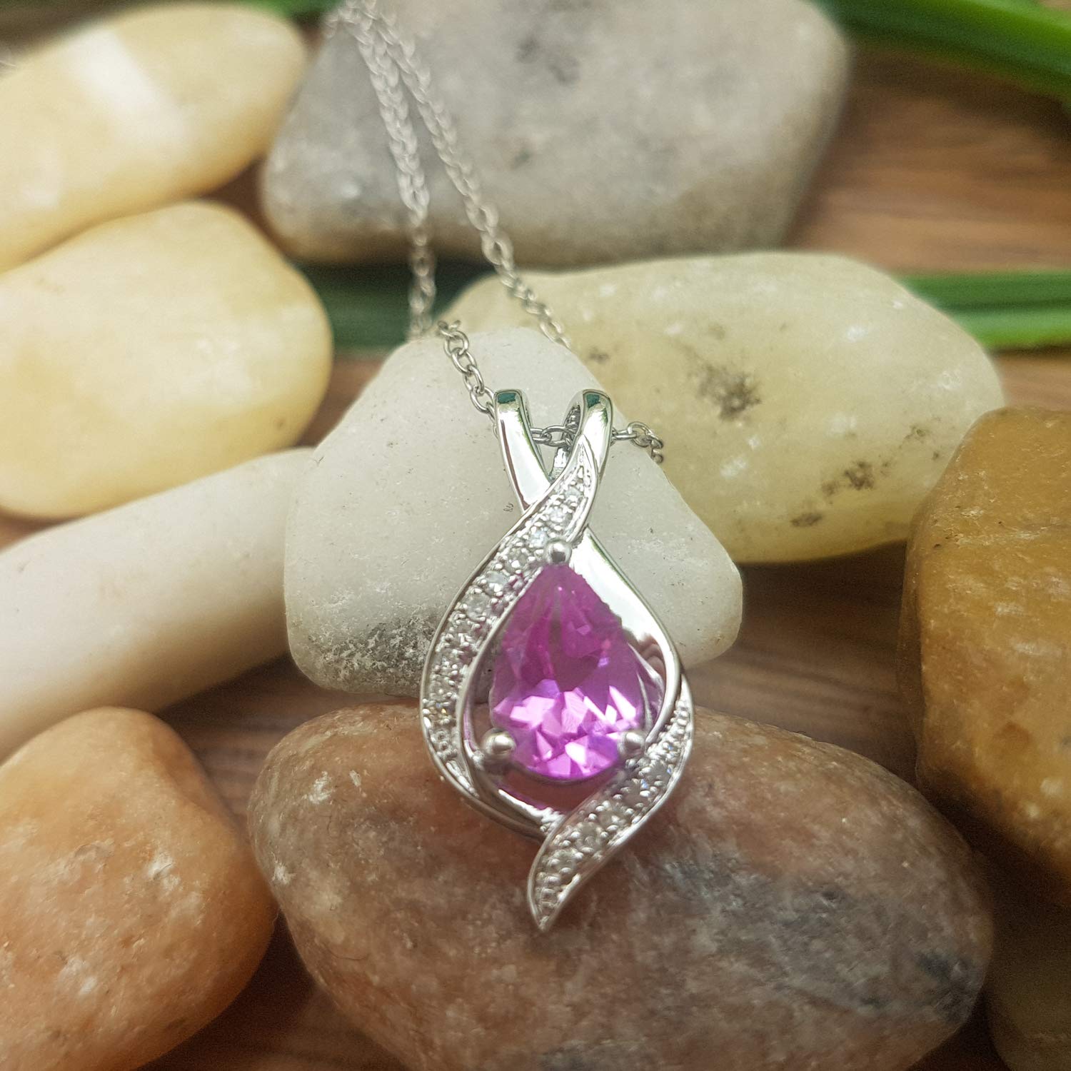 Dazzlingrock Collection 9x6 mm Pear Lab Created Pink Sapphire & Round White Diamond Swirl Teardrop Pendant with 18 inch Silver Chain for Women in 14K White Gold