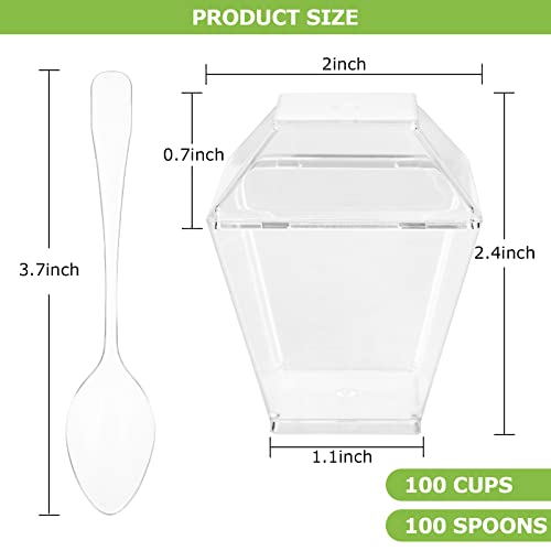 MIVIDE 100 PCS 2 oz Mini Dessert Cups with Lids and Spoons, Plastic Square Dessert Cups, Clear Appetizer Cups for Party, Parfait Cups, Shooter Cups, Disposable Plastic Cups for Desserts, Appetizers