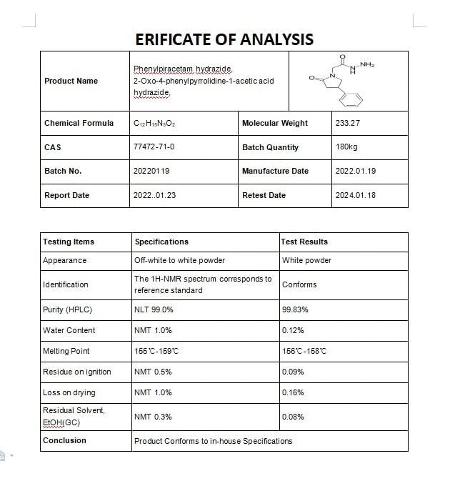 Phenylpiracetam Hydra (zide) 2gr Powder w/Free 10-30mg Scoop >99% Pure COA in Listing