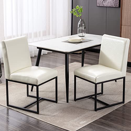VESCASA Faux Leather Upholstered Dining Chairs with Black Metal Frame, Mid Century Modern Padded Kitchen Chair with Adjustable Foot Pads for Restaurant, Dining Room, Set of 2, Cream