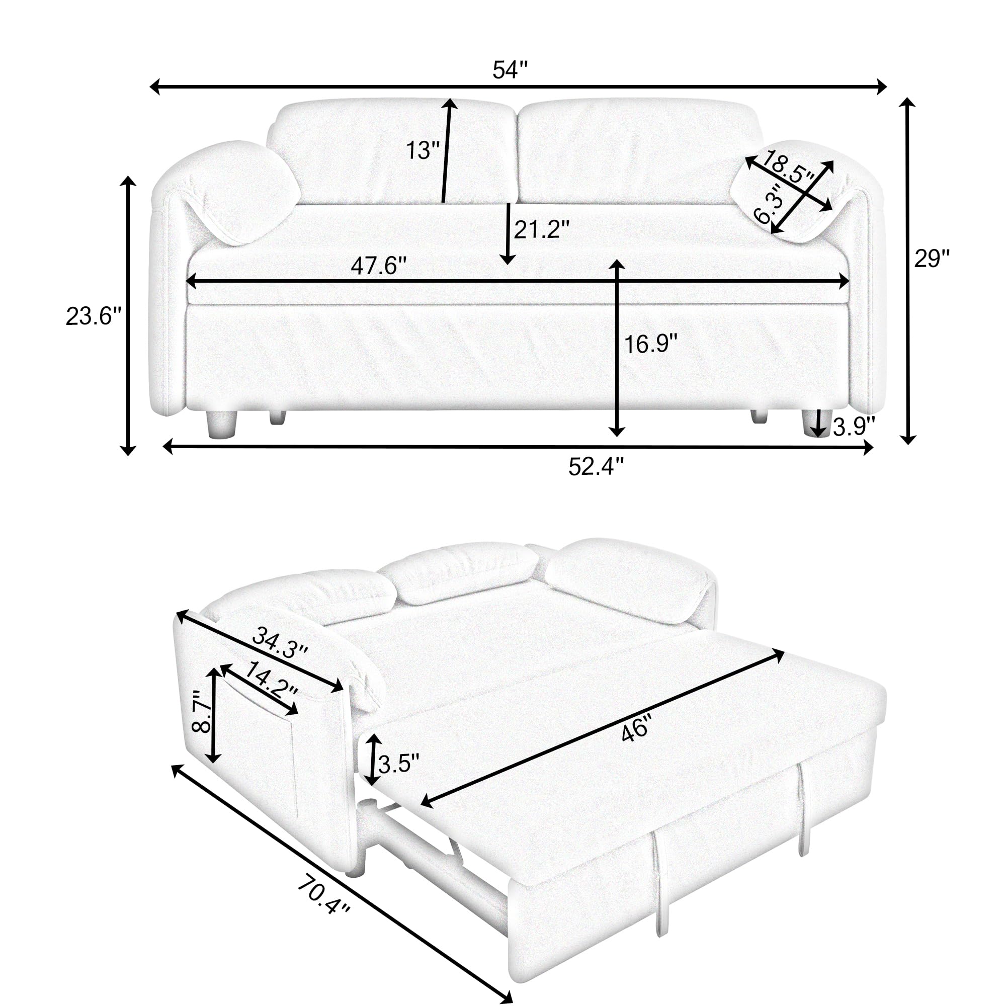 NDPQN 54" Pull Out Sofa Bed with Adjustable Backrest Double Sofa, Modern Convertible Velvet Loveseat Sleeper, with 2 Pillows and 2 Side Pockets for Living Room Bedroom (Pink)