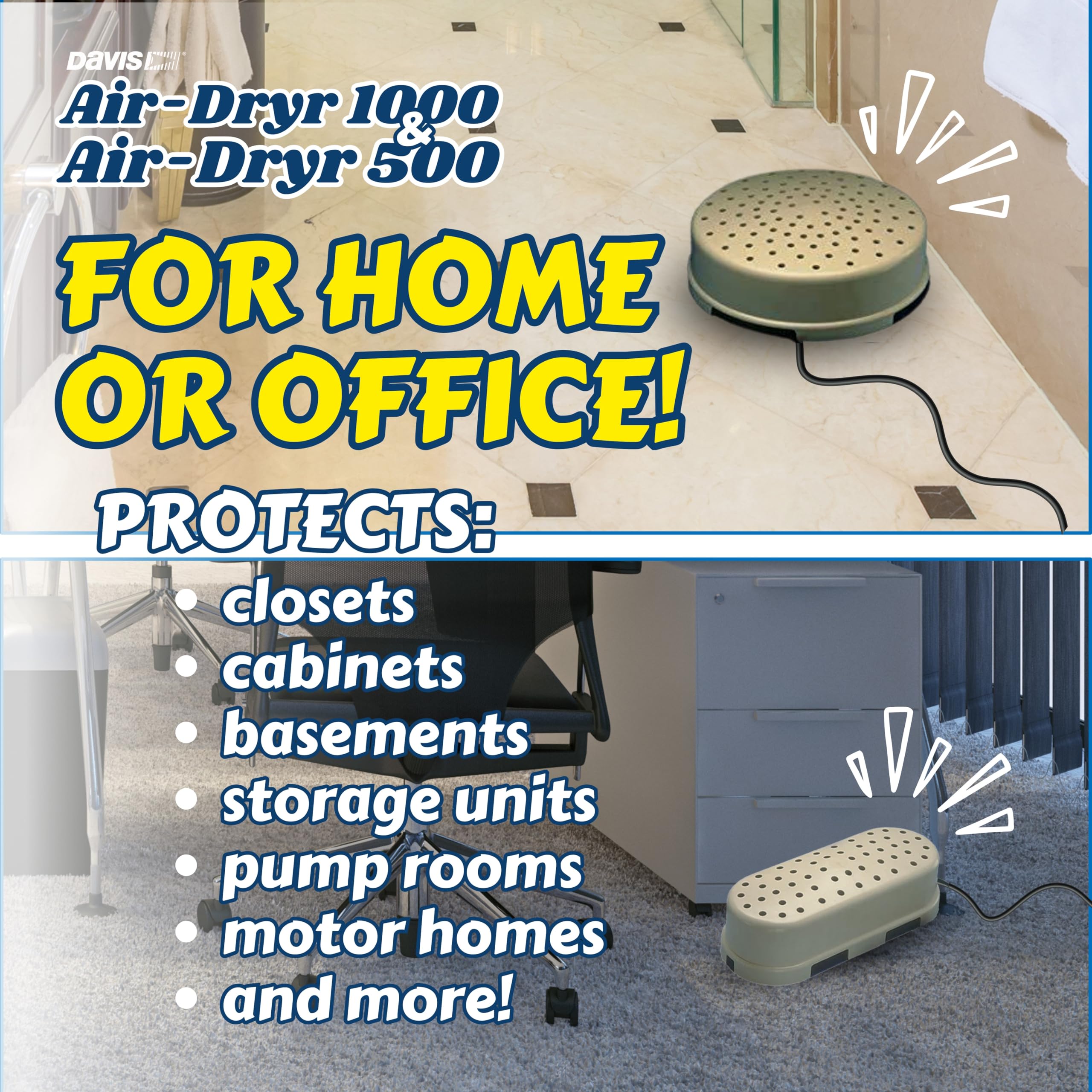 Davis Air-Dryr 500 & 1000 2 Pack Bundle - Quiet Room Dehumidifier for Moisture Problems and Wet Air Solution - Boat Dehumidifier - Portable Dehumidifier for RV, Camper, Bathroom, Bedroom and More