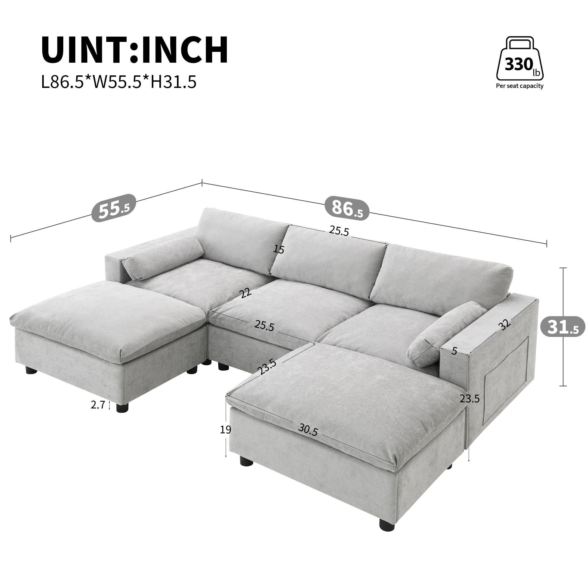 Merax 86.5" Sectional Sofa with Storage Pockets & Removable Ottomans, 5 Seat U Shaped Sleeper Cloud Couch Set, Convertible L-Shaped Chenille Upholstered SofaBed for Living Room and Apartment, Grey