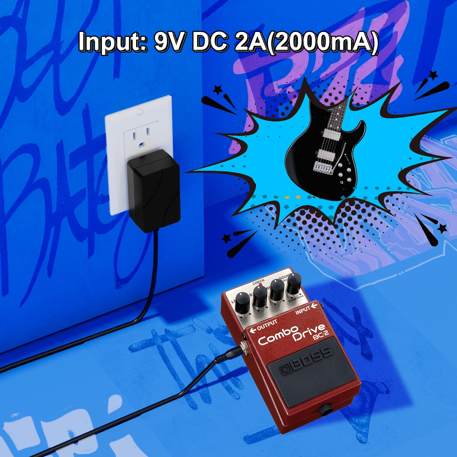 FGIEU Guitar Pedal Power Supply Replacement for Truetone 1 Spot Power Supply, 9V DC 2A 2000mA Power Cord Tip Negative for Guitar Effect Pedal Board
