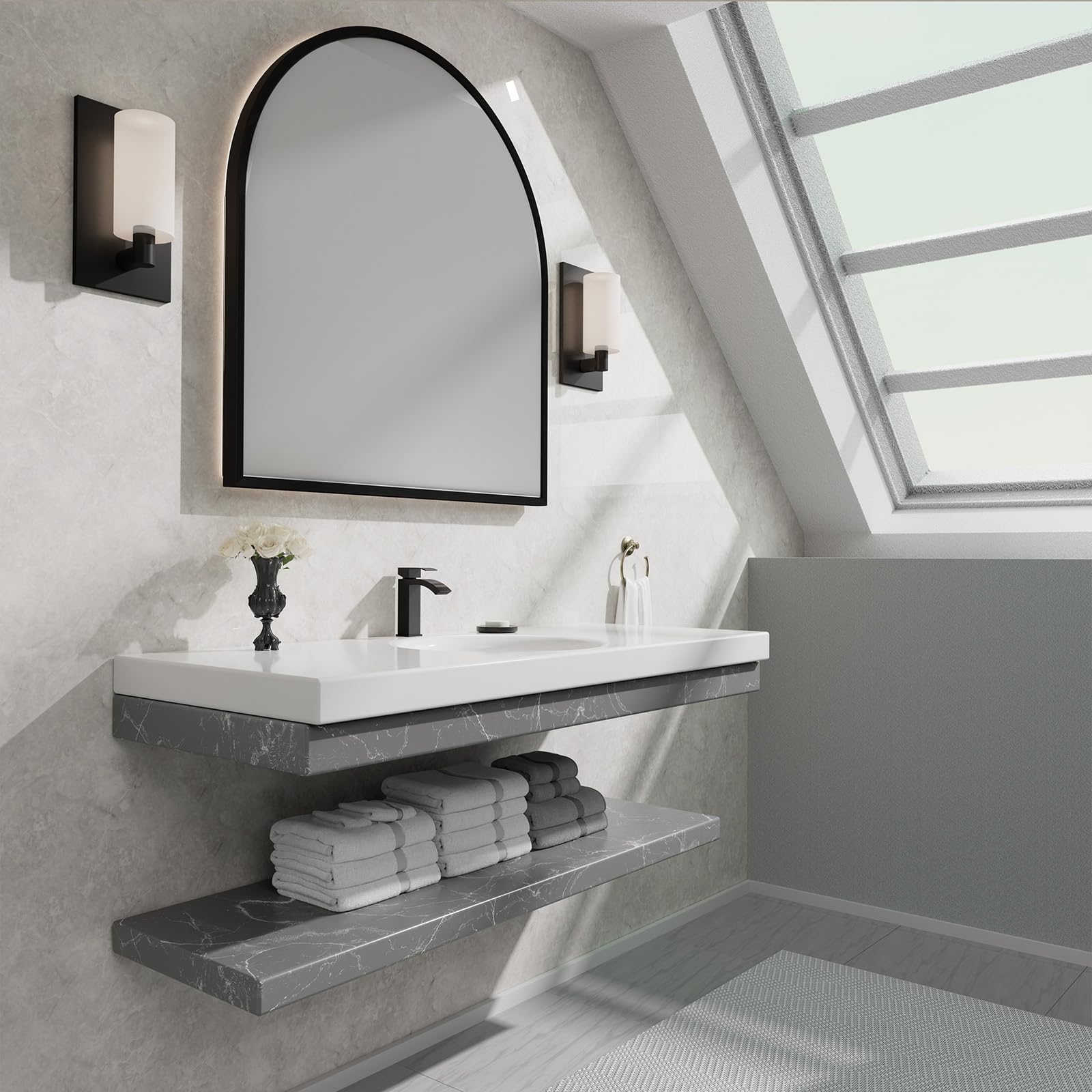 Phiestina Matte Black Waterfall Single Handle One Hole Bathroom Sink Faucet, Square Single Hole Basin Faucet with Metal Pop-up Drain with Overflow and Water Supply Line, BF01049-N1-MB