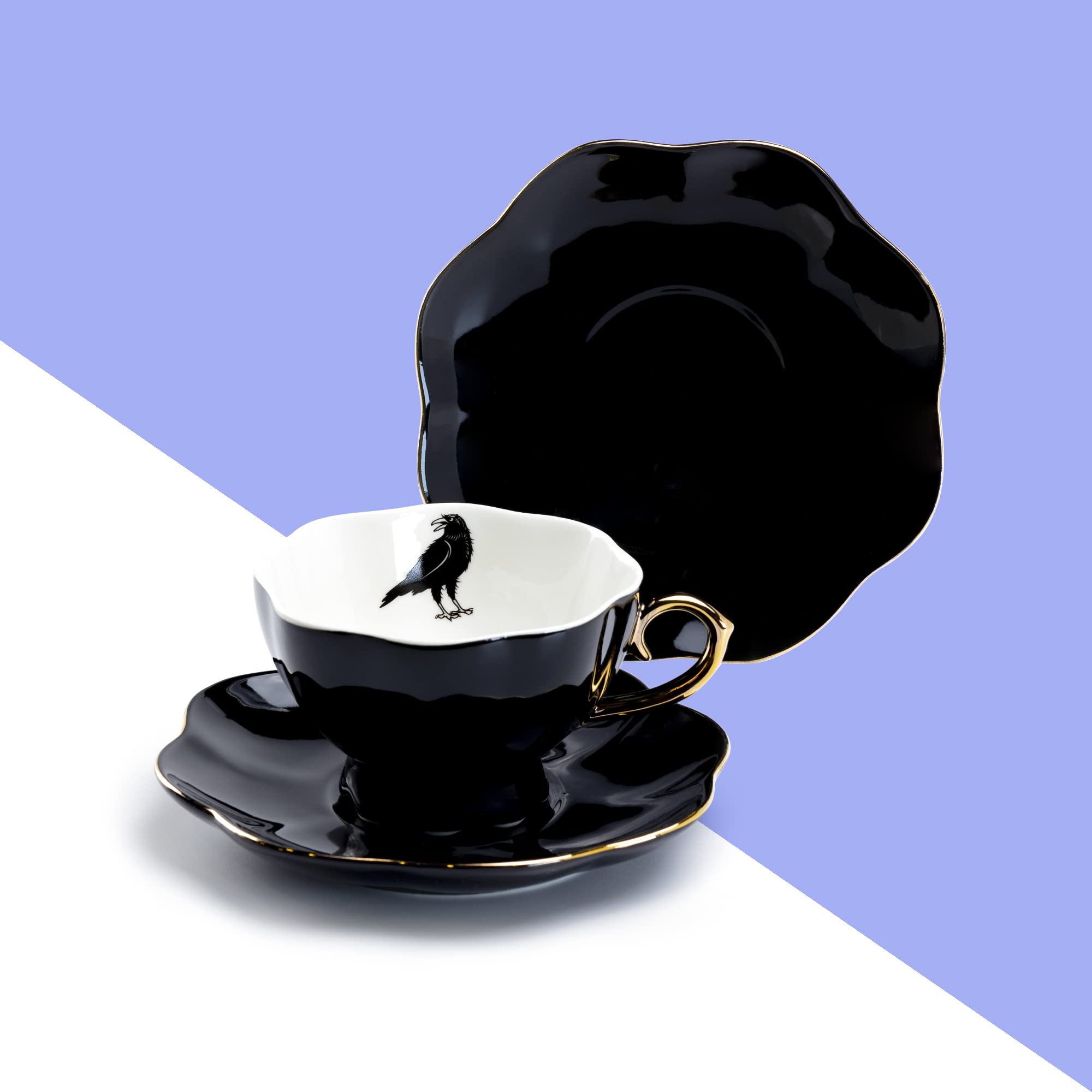 Grace Teaware Raven Black Fine Porcelain Tea Cup and Saucer with Hand Painted Gold Trim Crow,Black White and Gold
