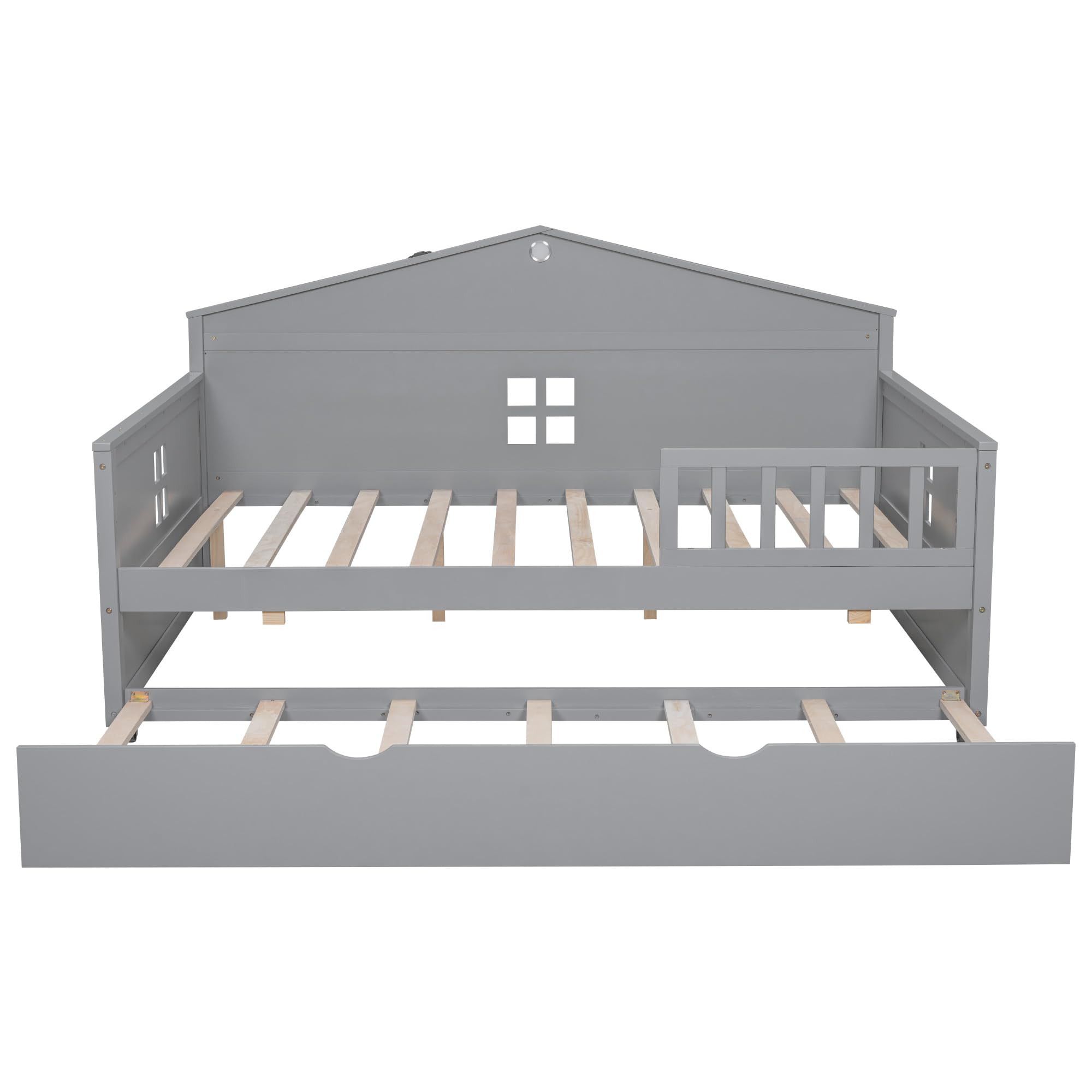 Merax Full Size Wooden Daybed with Trundle and Sensor Light, House Shaped Daybed for Kids, Boys and Girls, No Box Spring Needed, Grey