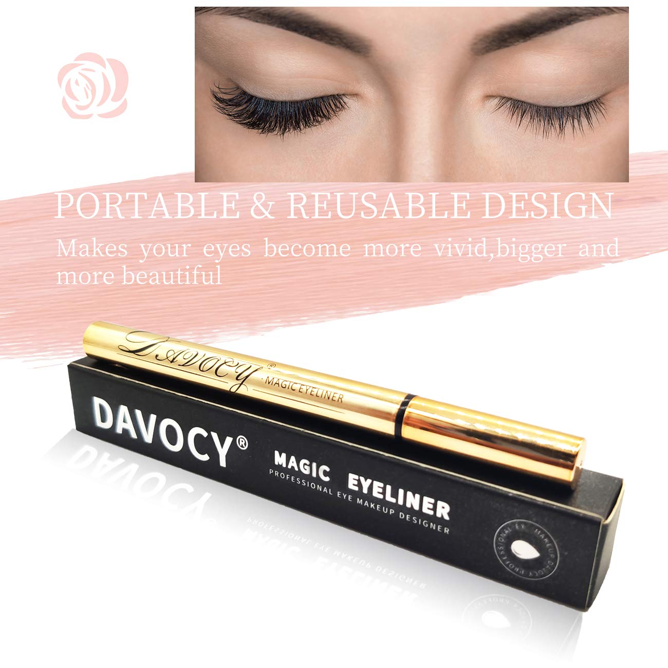 Davocy Magnetic Eyeliner for False Eyelash, No Glue Need, Suitable for Sensitive Eyes, Waterproof & oil-proof, Easy to Use for Makeup, Compatible with Any False Eyelashes,