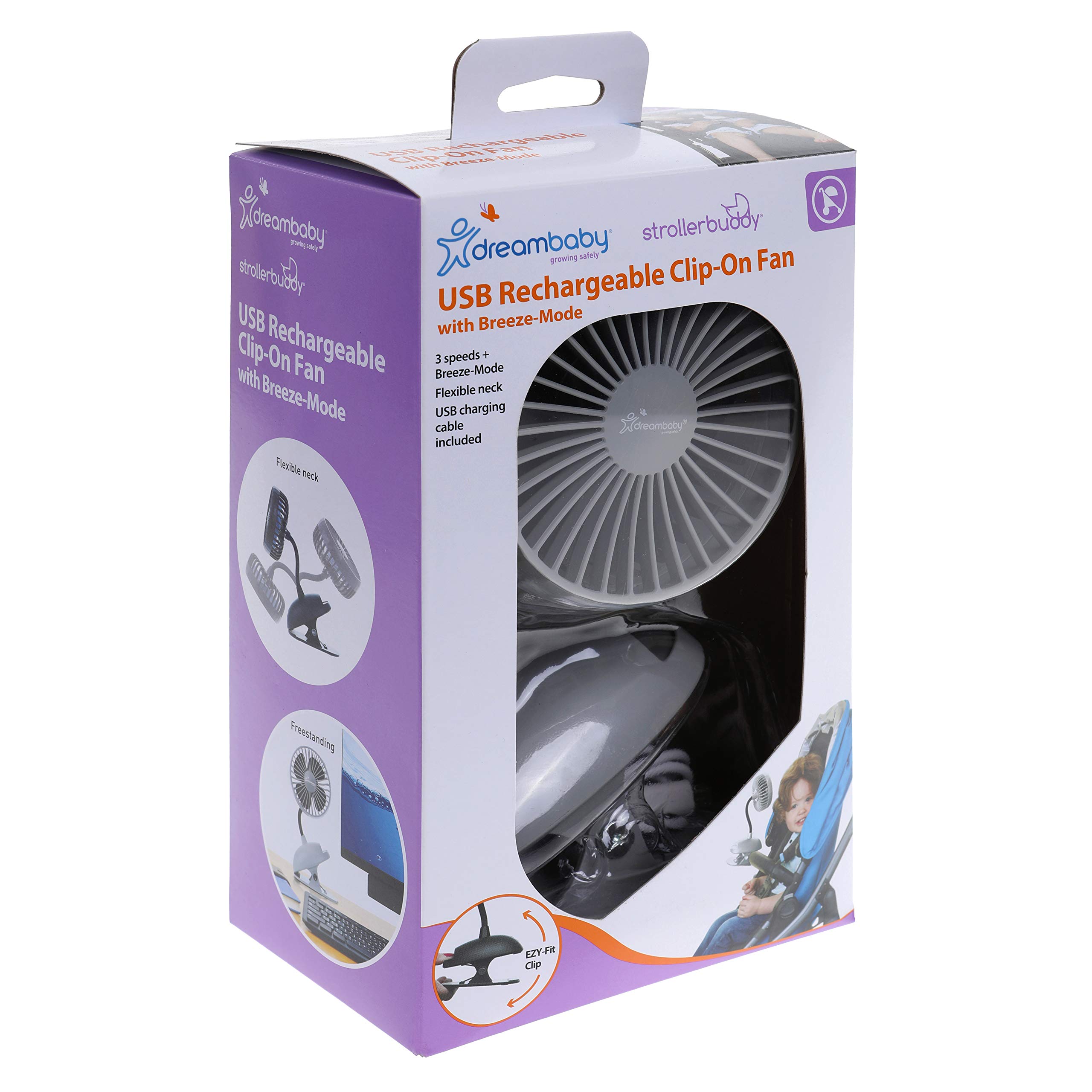 Dreambaby Portable USB Rechargeable Clip-On Stroller Fan - with Breeze Mode - Grey - Model L2346