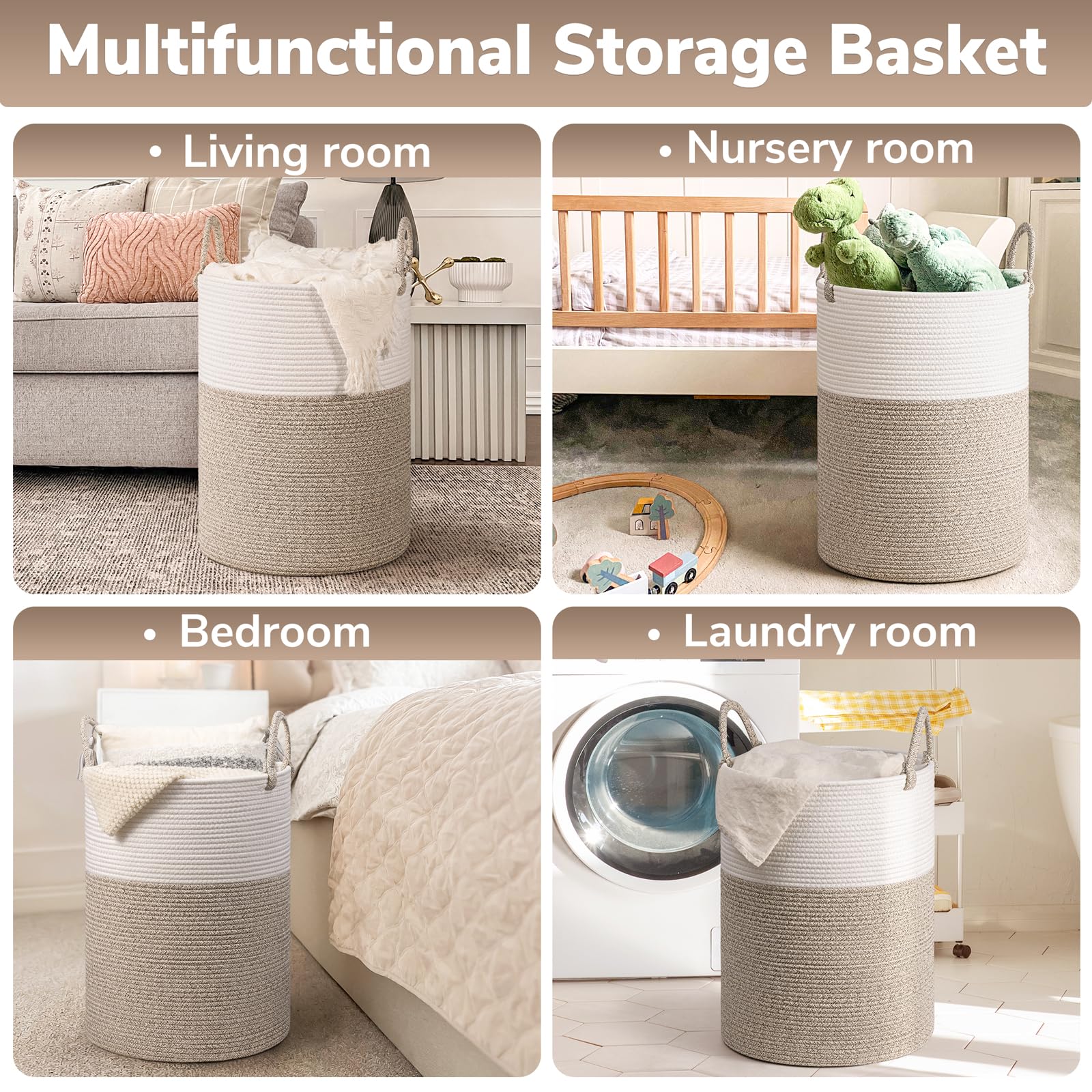 INDRESSME Large Laundry Hamper, Baby Laundry Hamper for Toys, Tall Woven Laundry Basket for Clothes, Blanket Storage Basket for Living Room, 19.7 x 13.8 inches, Light & Brown