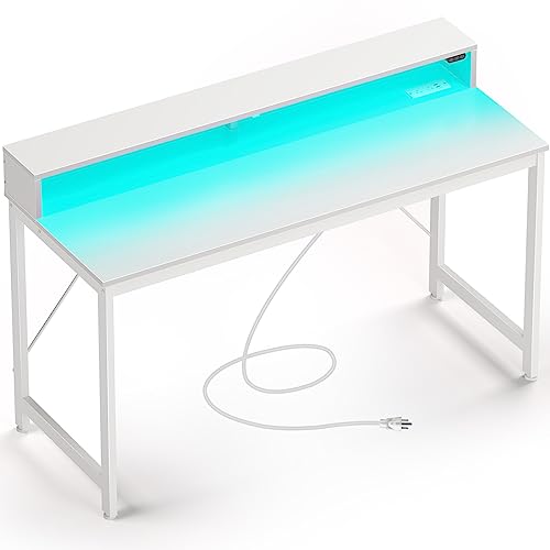 Rolanstar Computer Desk 55" with LED Lights & Power Outlets, Home Office Desk with Monitor Shelf, Gaming Desk, Writing Desk, Study Desk for Student & Kids, White