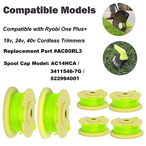 Weed Wacker String Spool Replacement Compatible with Ryobi One Plus+ AC80RL3 18V, 24V, and 40V Cordless Trimmers, 6 Pack String Trimmer Line .080 Inch Weed Eater String Twisted Line