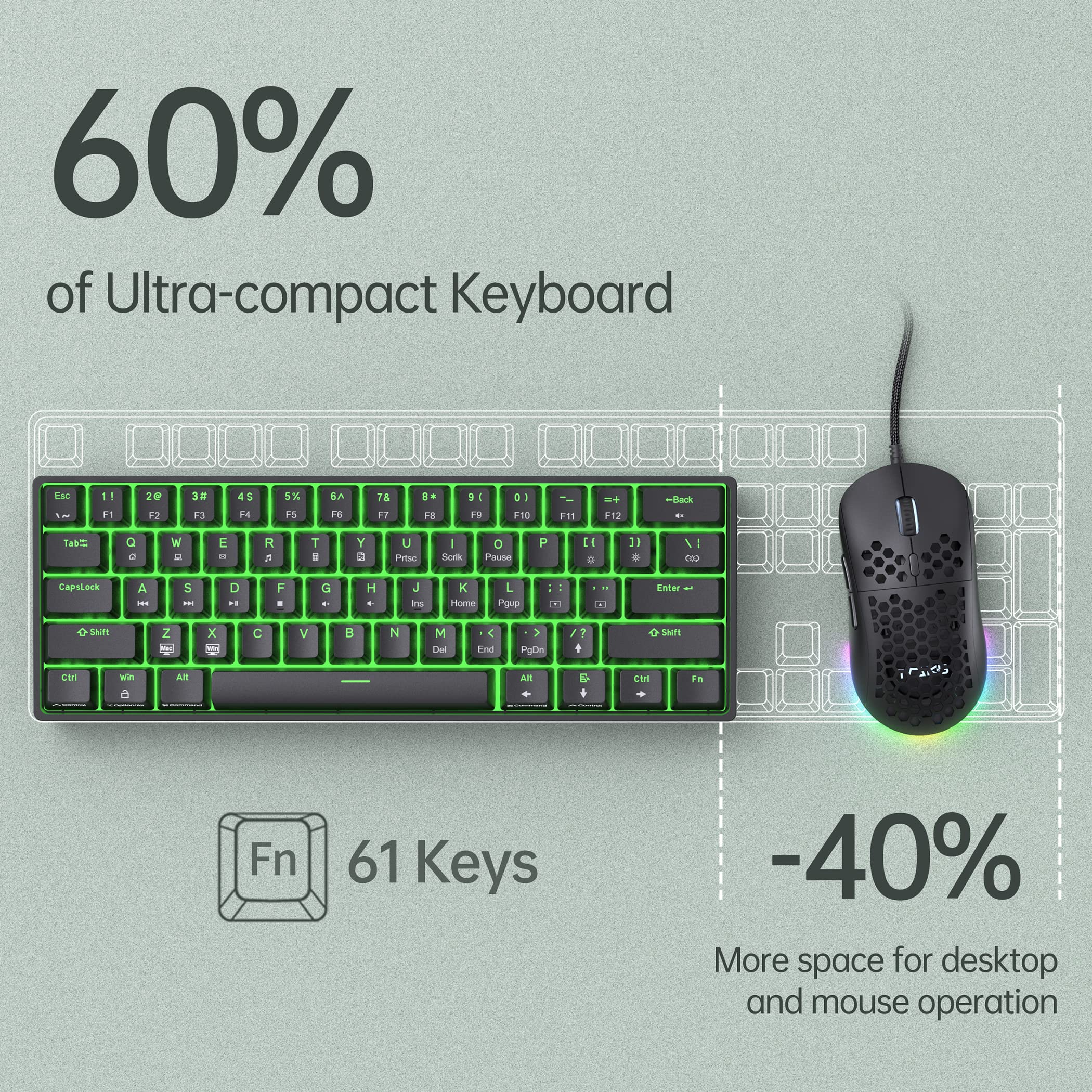 DIERYA DK61SE 60% Mechanical Gaming Keyboard, 61 Keys Anti-Ghosting, LED Backlight, Detachable USB-C, Ultra-Compact Mini Wired Keyboard with Yellow Linear Switch for Windows Laptop PC Gamer Typist