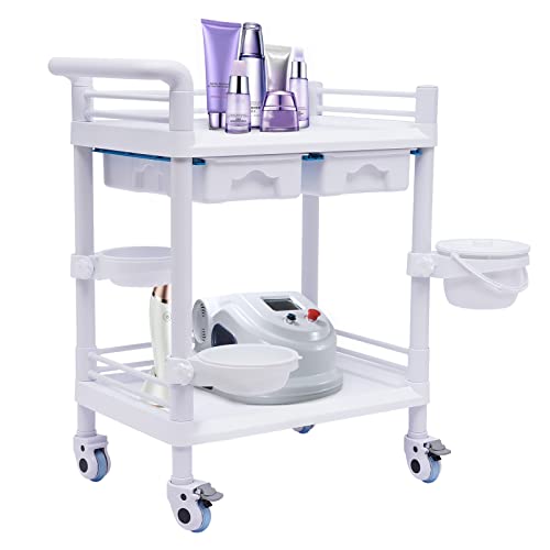 Rolling Utility Cart, 3-Tier Heavy Duty Cosmetology Cart with 360° Swivel Wheels, Dirt Bucket and Drawer for Beauty Salon SPA, Commercial Hospital Office Lab Cart (White)