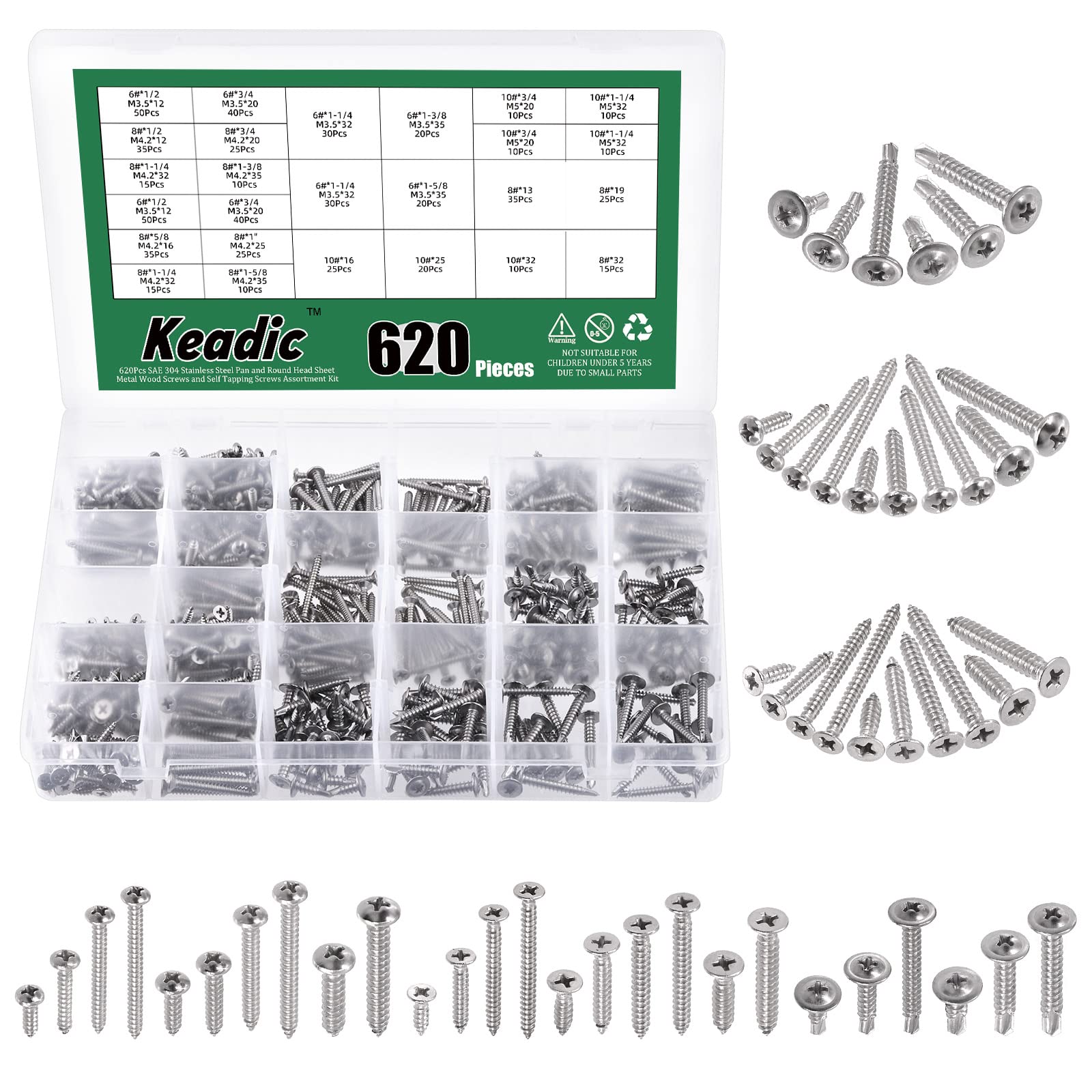 Keadic 620 Pcs 304 Stainless Steel #6#8#10 Self Tapping Screws Assortment Set Contains Round Head & Philips Flat Head & Wafer Head Self Drilling Screw Sheet Metal Screws