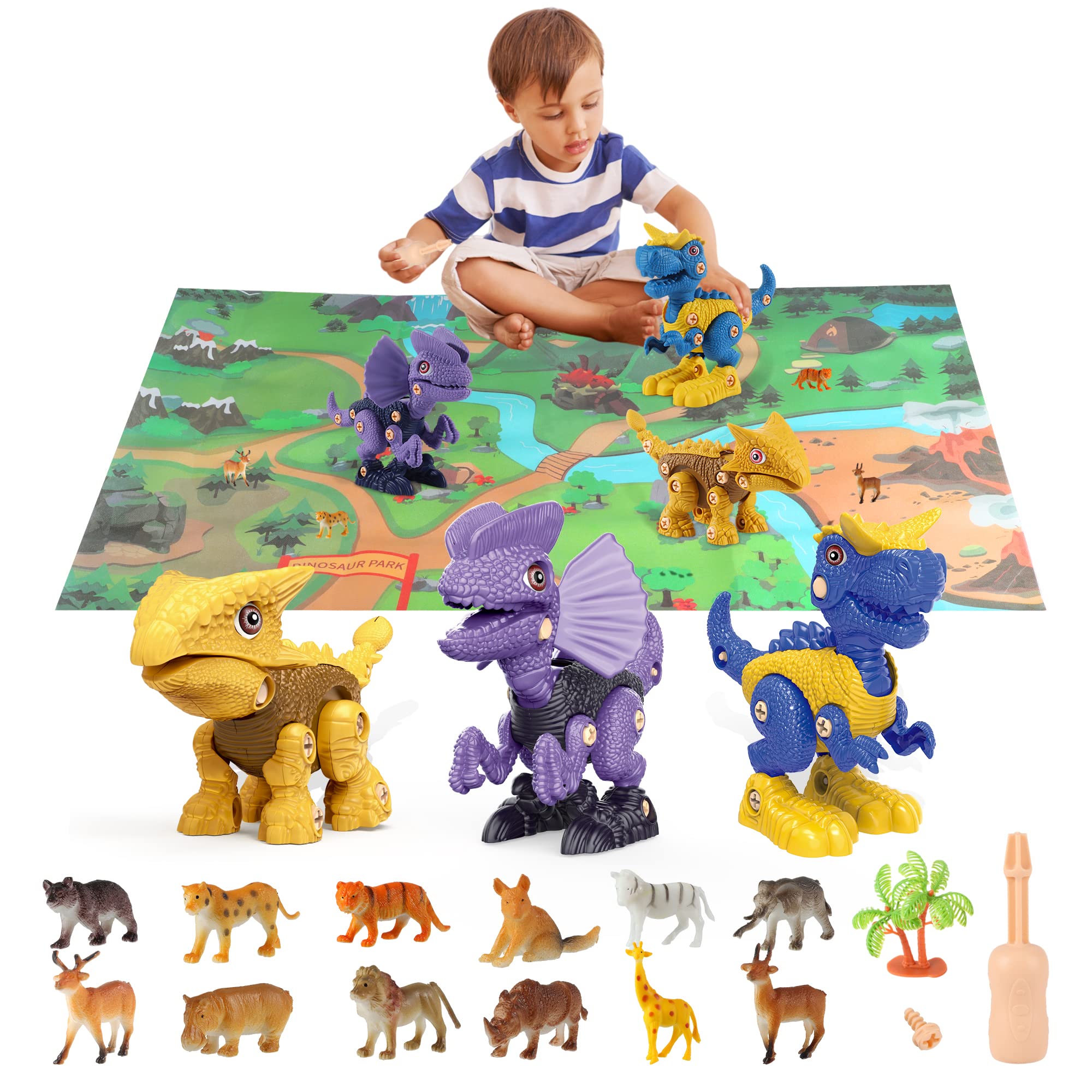 FLYINGSEEDS Take Apart Dinosaur Toys Playset for Kids Age 3 4 5 6 7 8 Year Old, STEM Learning Educational Building Construction Set with Activity Play Mat & Wildlife Figures for Toddlers Boys