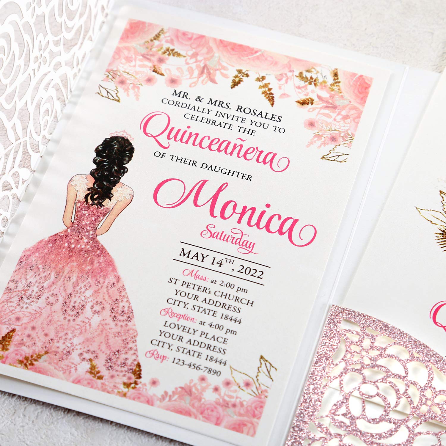 DreamBuilt 4.7x7 inch 50PCS Blank Rose Gold Glitter Quinceanera Invitations Kit, Laser Cut Hollow Rose Quinceanera Invitation Cards with Envelopes