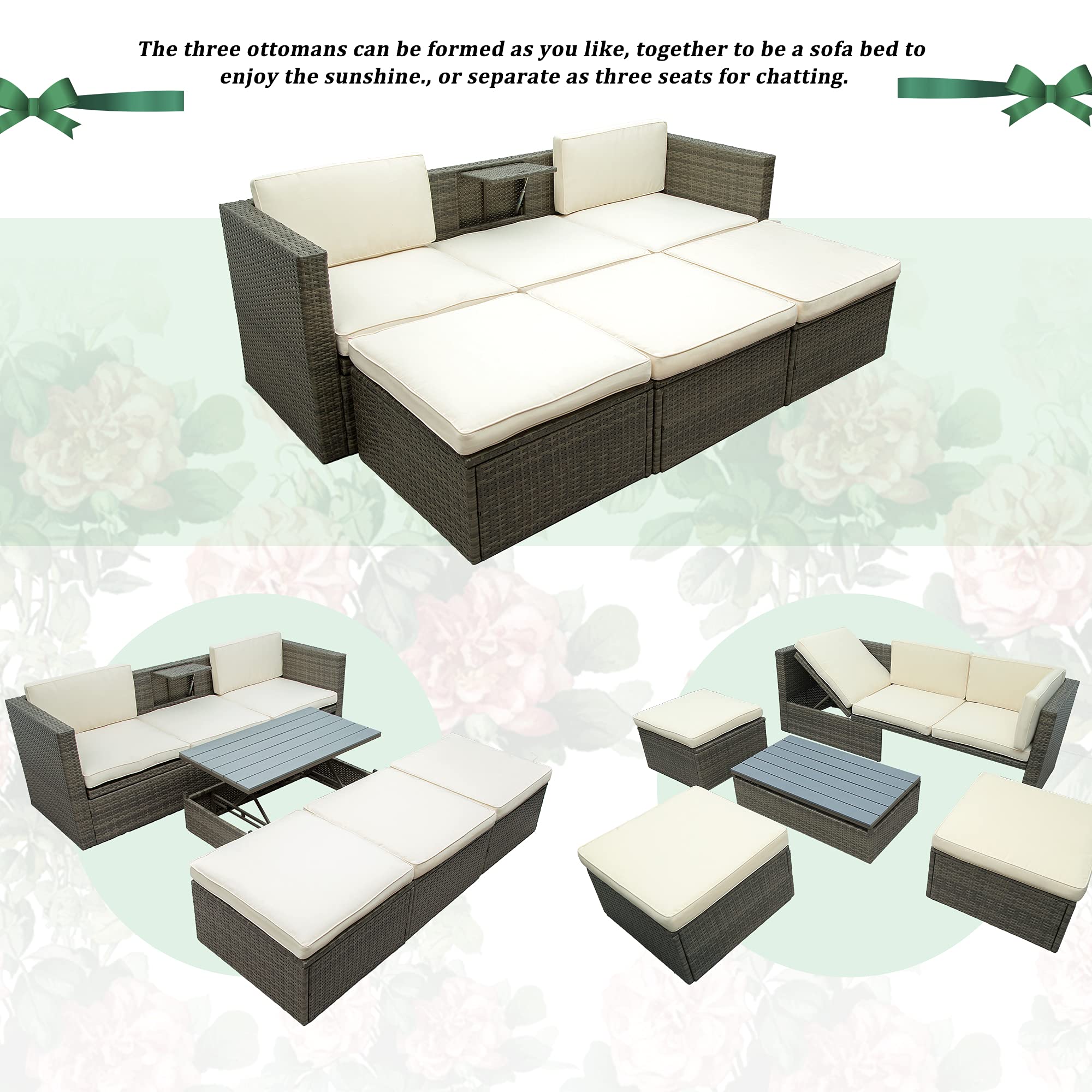LUMISOL 5 Piece Patio Furniture Set, Outdoor Wicker Sofa Set with Adjustable Backrest, Cushions, Ottomans and Lift Top Coffee Table for Garden, Poolside, Backyard, Balcony, Beige
