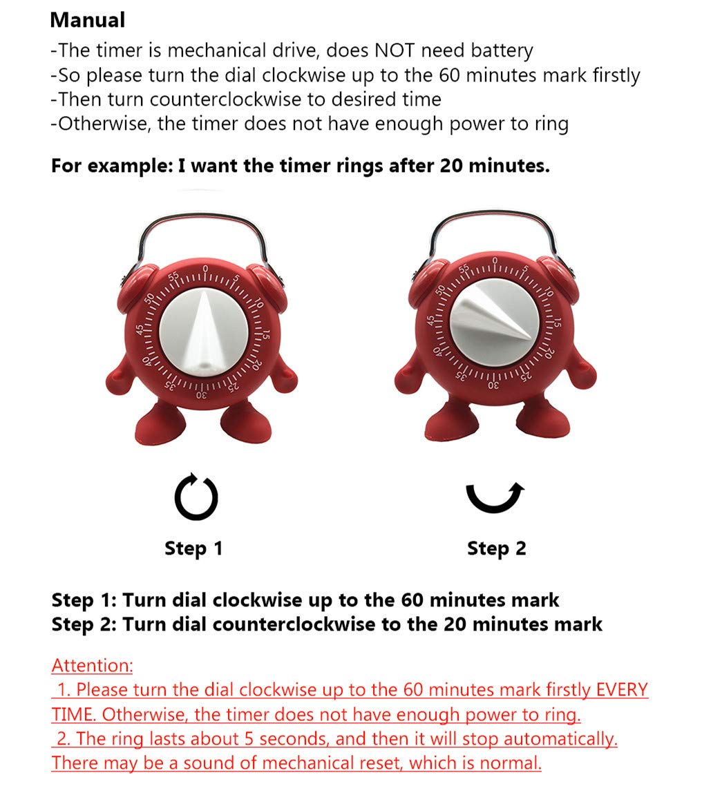 Keleely Kitchen Timer, for Baking Teaching Cooking Egg Potty Training Cute 60 Mins Twist Wind-Up Timer with Ring Alert, No Battery (Red)