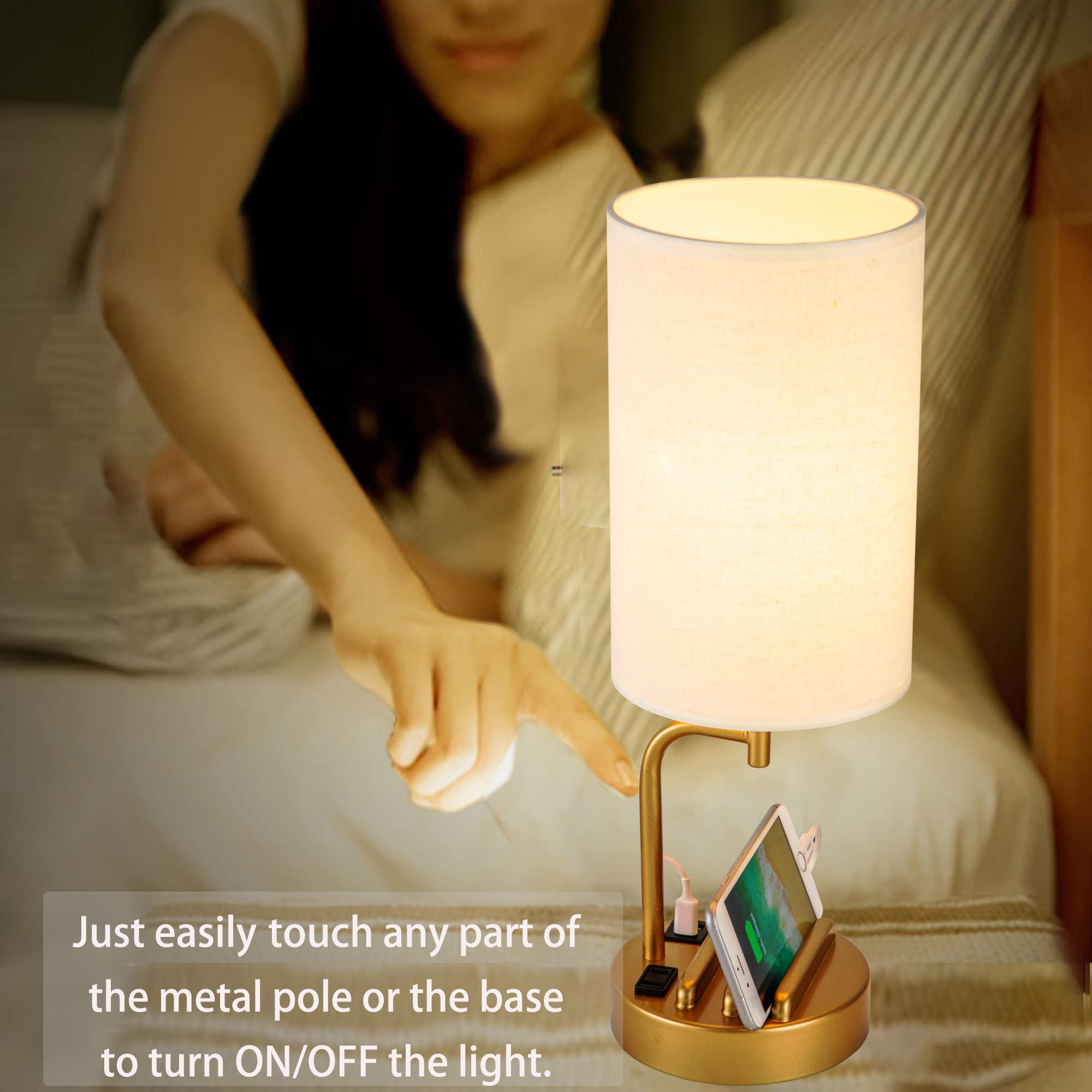 Dreamholder Touch Control USB Table Lamp, Upgraded 3-Way Dimmable Bedside Desk Lamp with USB C & A Charging Ports and AC Outlet, Nightstand Lamp for Bedroom, Dimmable 9W LED Bulb Included