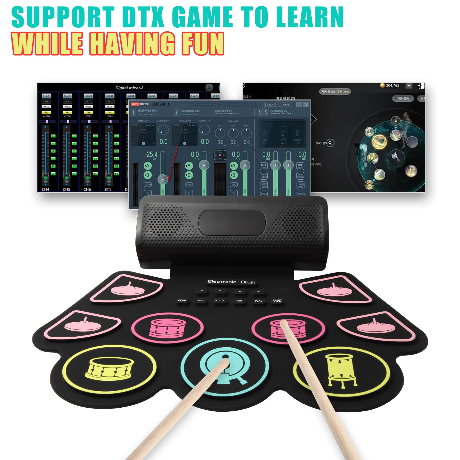 Electronic Drum Set for Kids 9 Drum Pad Portable Electronic Drum kit Beginner Practice Drum Set, Roll Up Drum Set with Speaker, Pedals and Sticks, Child's musical instrument