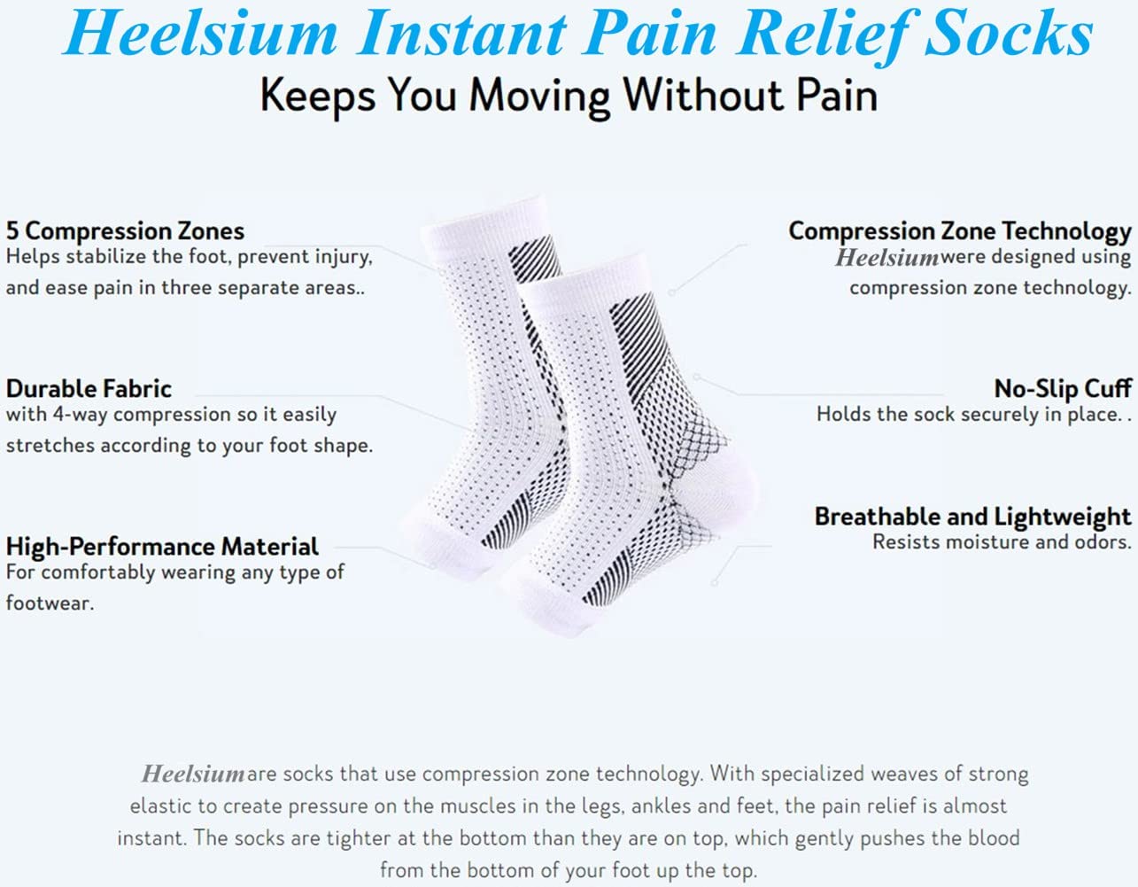 DXFWYTZQ Heelsium Pain Relief Socks, Compression Socks for Women, Instant Medical Athletic Calf Injury Recovery & (Medium,White)