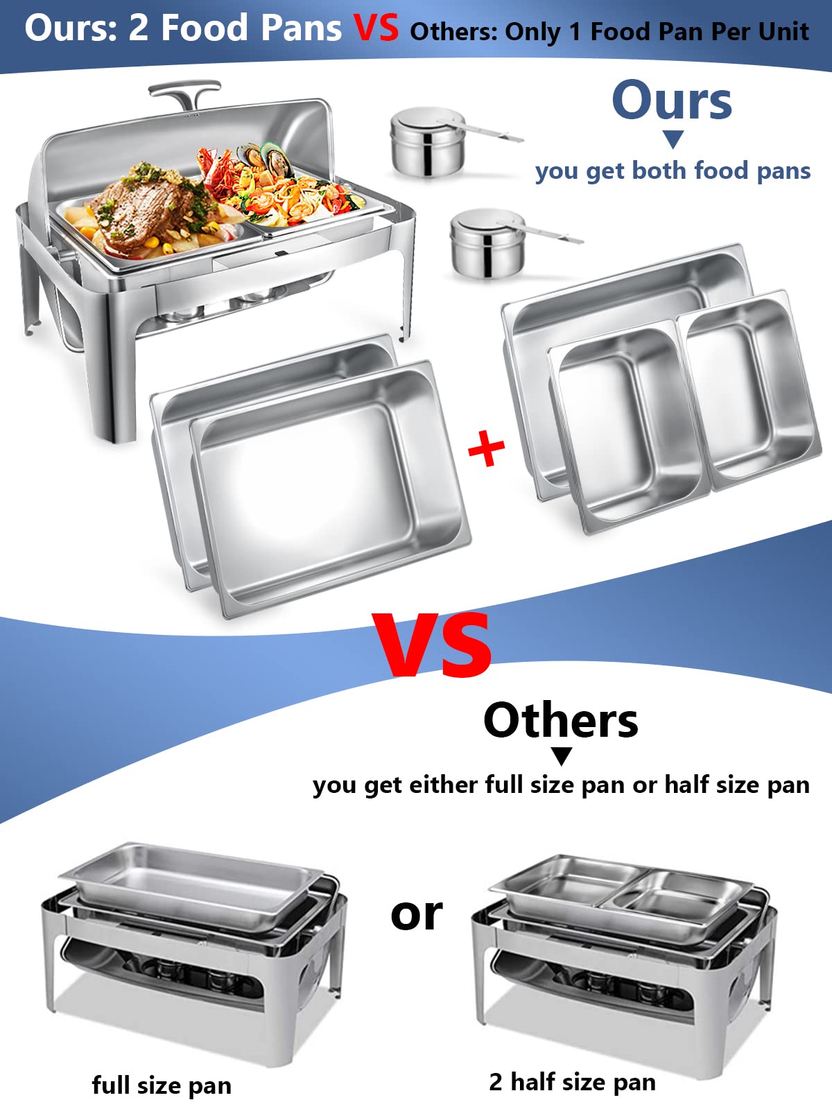 Granvell Rectangular Roll Top Chafing Dish Buffet Set, Catering Food Warmer for Parties, Wedding, Birthday, Christmas, 1 Full Size & 2 Half-Size Chafing Server Dish, 14QT Water Pan