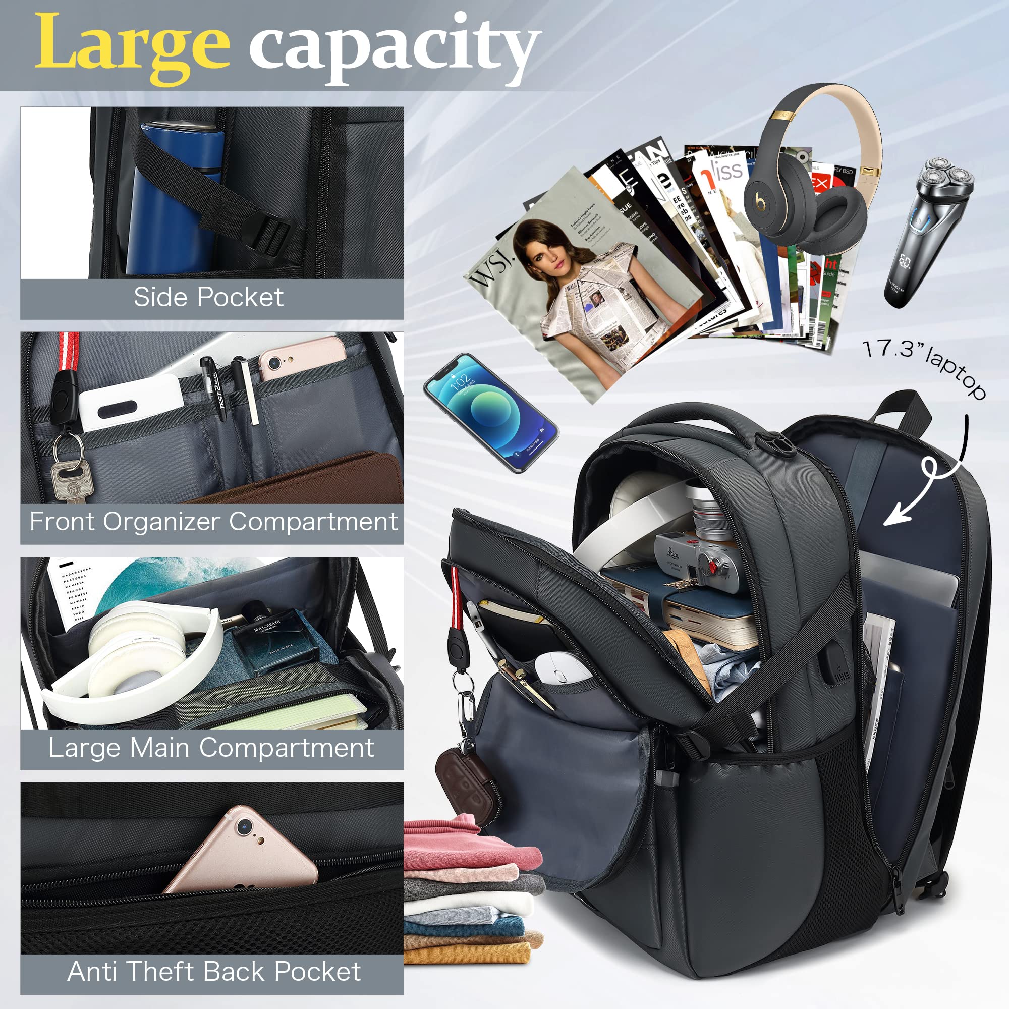 Diffosine Laptop Backpack 17.3 Inch Extra Large TSA Friendly Travel Backpacks Anti Theft College Business Gaming Computer Backpack Durable Hiking Work Daypack for Men Women(Grey)