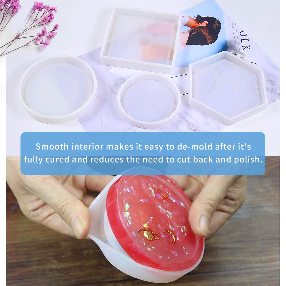 DIY Coaster Silicone Mold, Pack of 4 Resin Molds for Casting Eco-Friendly Sturdy Hexagon Square Round Mold Bottom Bracket for Casting with Resin,Concrete,Cement