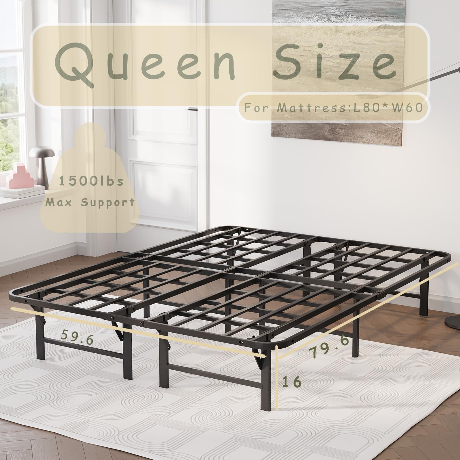 RestVille Collapsible Queen Bed Frame Heavy Duty Steel Slat Construction 16 Inch High No Box Spring Needed Easy Assembly Noise-Free Black