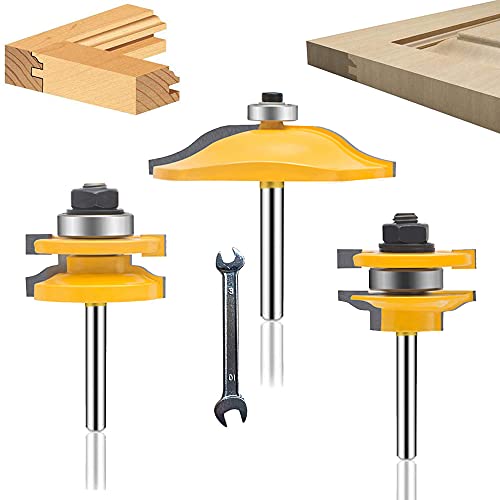 OLETBE Router Bit Set 3 PCS 1/4-Inch Shank Round Over Raised Panel Cabinet Door Rail and Stile Router Bits, Woodworking Wood Cutter, Wood Carbide Groove Tongue Milling Tool(Yellow)