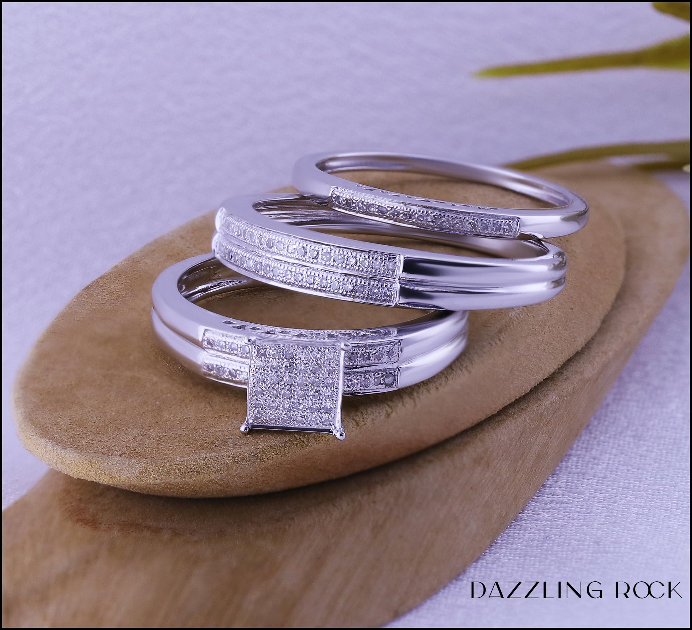 Dazzlingrock Collection Round White Diamond Square Head Filigree Wedding Trio Ring Set (0.25 ctw) in 925 Sterling Silver, Women size 9 and Men size 10
