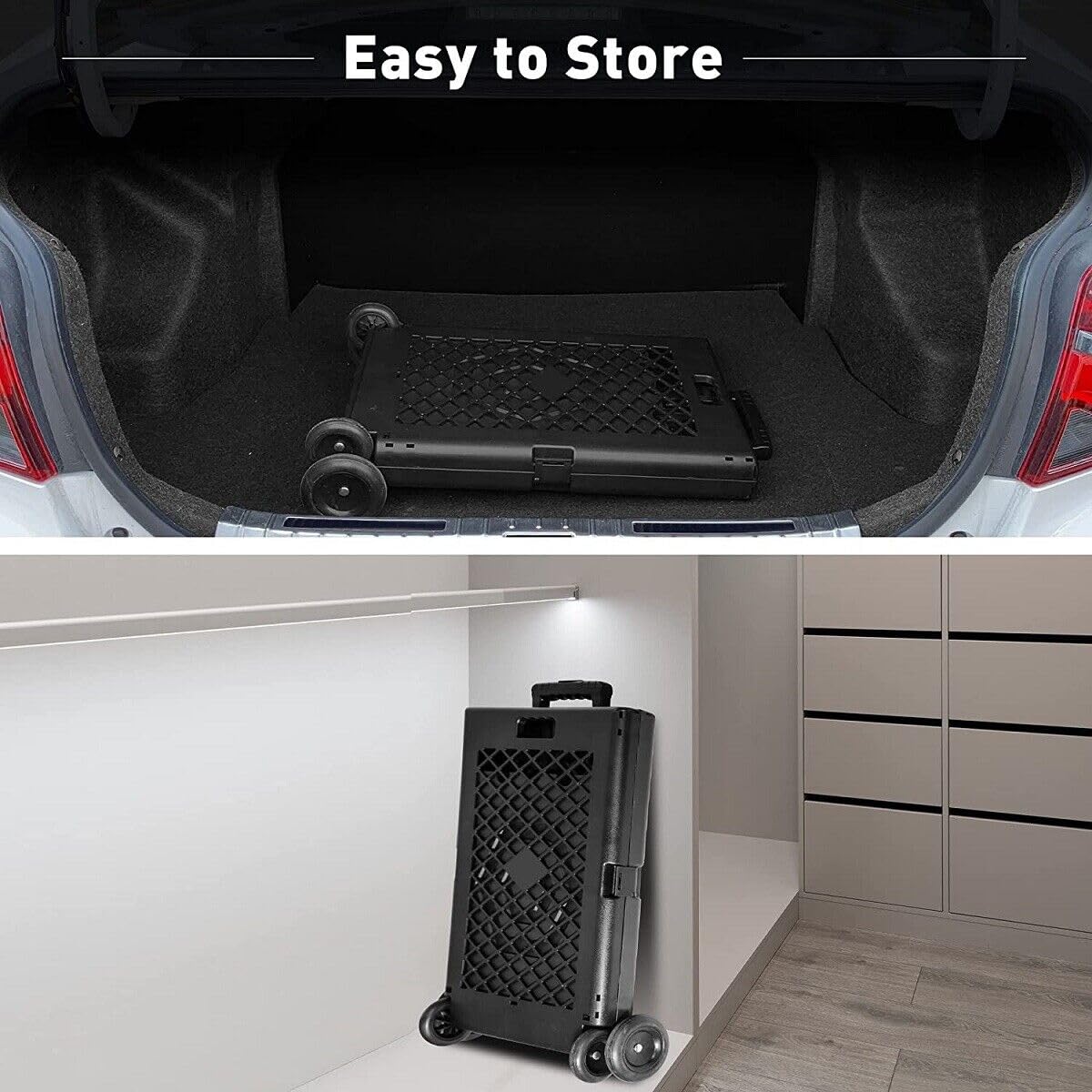 Foldable Rolling Cart w/Wheels Collapsible Plastic Storage Basket 66LBS