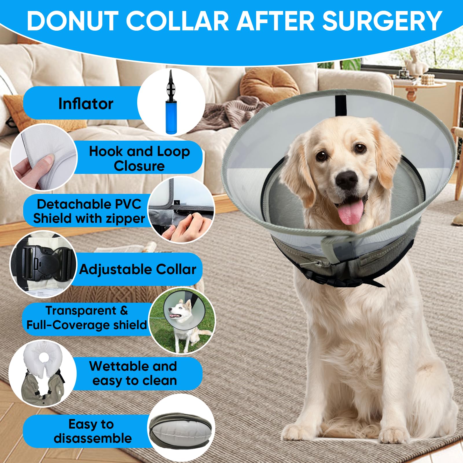 Inflatable Dog Cone Collar ,2-in-1 Inflatable Dog Cone with Detachable Anti-Licking Shield,Soft Cones for Dogs After Surgery,Soft Cone for Dogs Does Not Block Vision. (Grey, XL(Neck:18-22”))