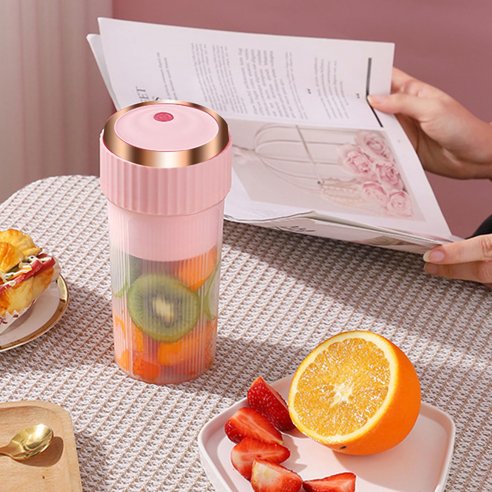 SH-RuiDu Portable Blender, 450ml Personal Size USB Rechargeable Mini Blender Fruit Juicer with 6 Strong Cutting Power Blades for Shakes and Smoothies, Portable Juicer for Home Office Travel Sports