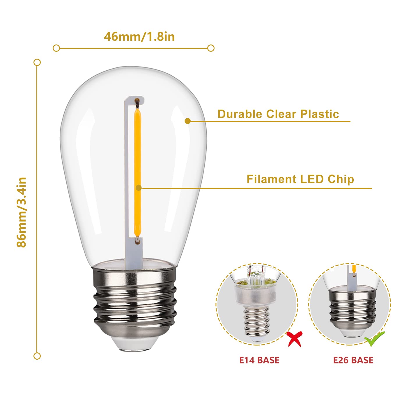 Shatterproof & Waterproof S14 String Light Bulbs-Equivalent to 10 W, S14 led Bulb fits for Commercial Outdoor Patio Garden Vintage Lights, E26 Base 2200K CRI>90,70LM,Warm White(15 Pack)