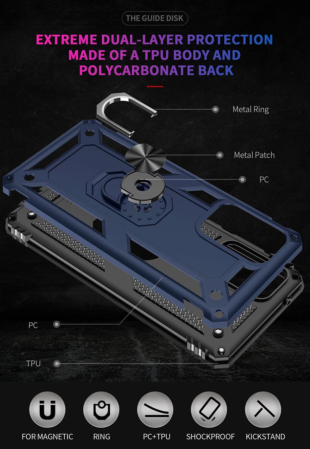 for Samsung A52 Case, Galaxy A52 Case with HD Screen Protector, Military-Grade Ring Holder Kickstand Car Mount 15ft Drop Tested Shockproof Cover Phone Case for Samsung Galaxy A52, Blue