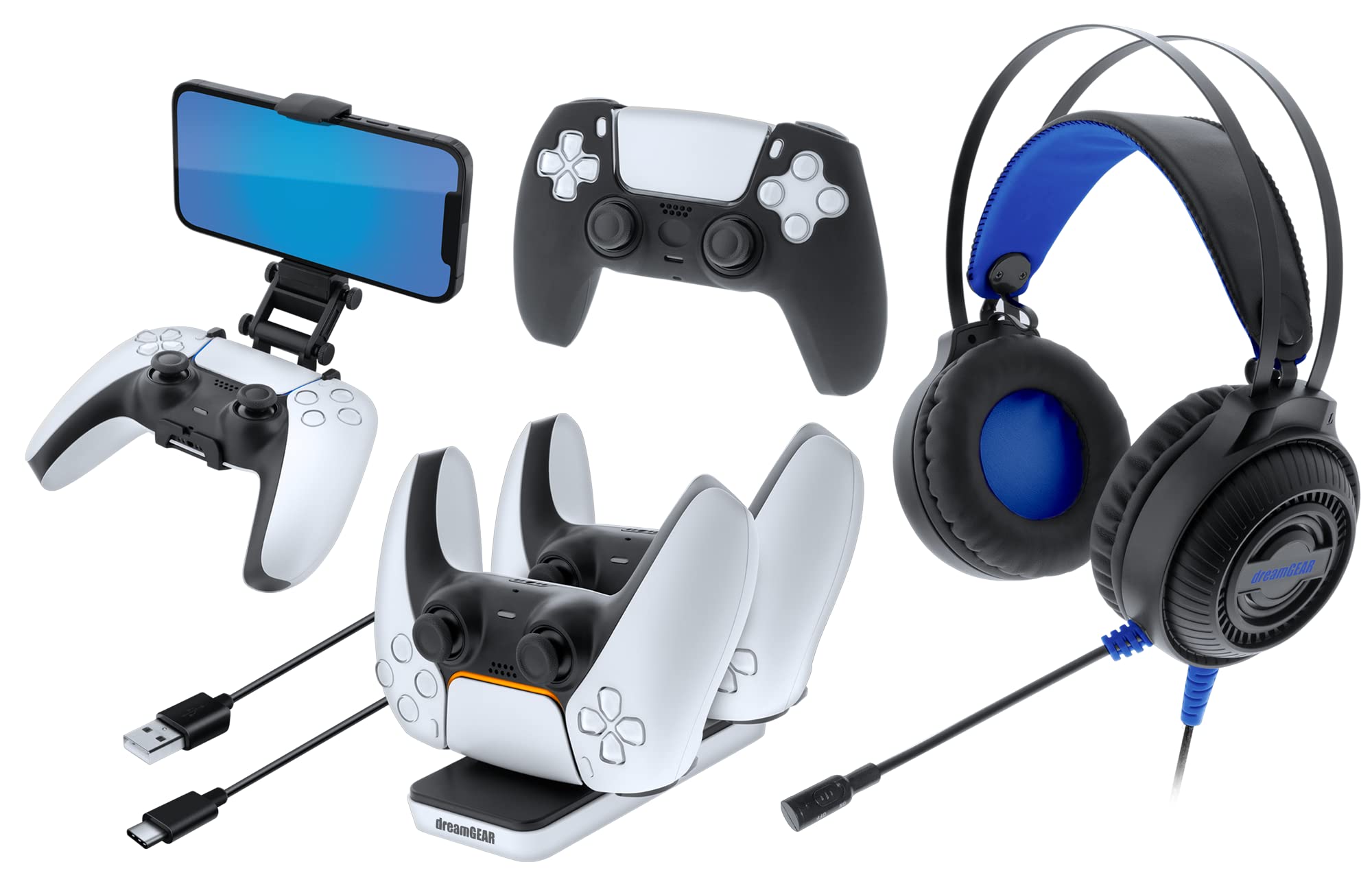 dreamGEAR Gamers Kit for PlayStation 5: Gaming Headset with 50mm Drivers, PS5 Controller charger, Adjustable Phone Mount, USB-C Cable, Protective Cover and Caps